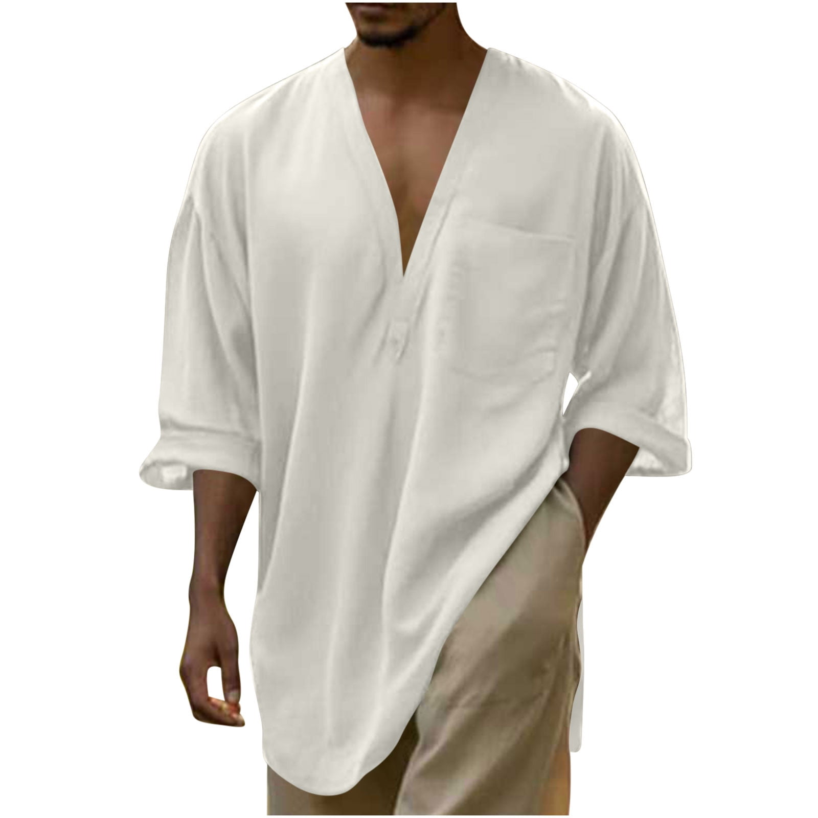 Chiccall Mens Linen Cotton Long Length T Shirts Short Sleeve V Neck ...