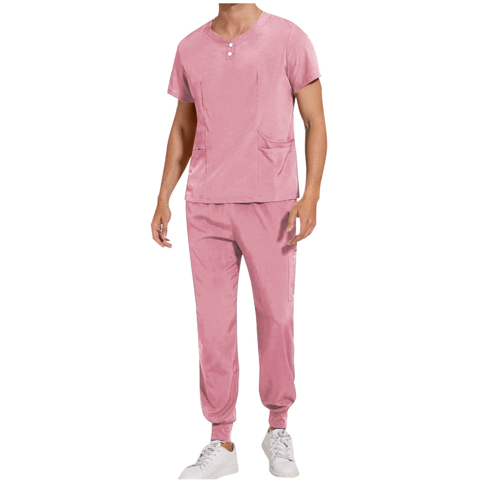 Chiccall Mens Nursing Scrub 2 Piece Outfits Quarter Button Solid Short ...