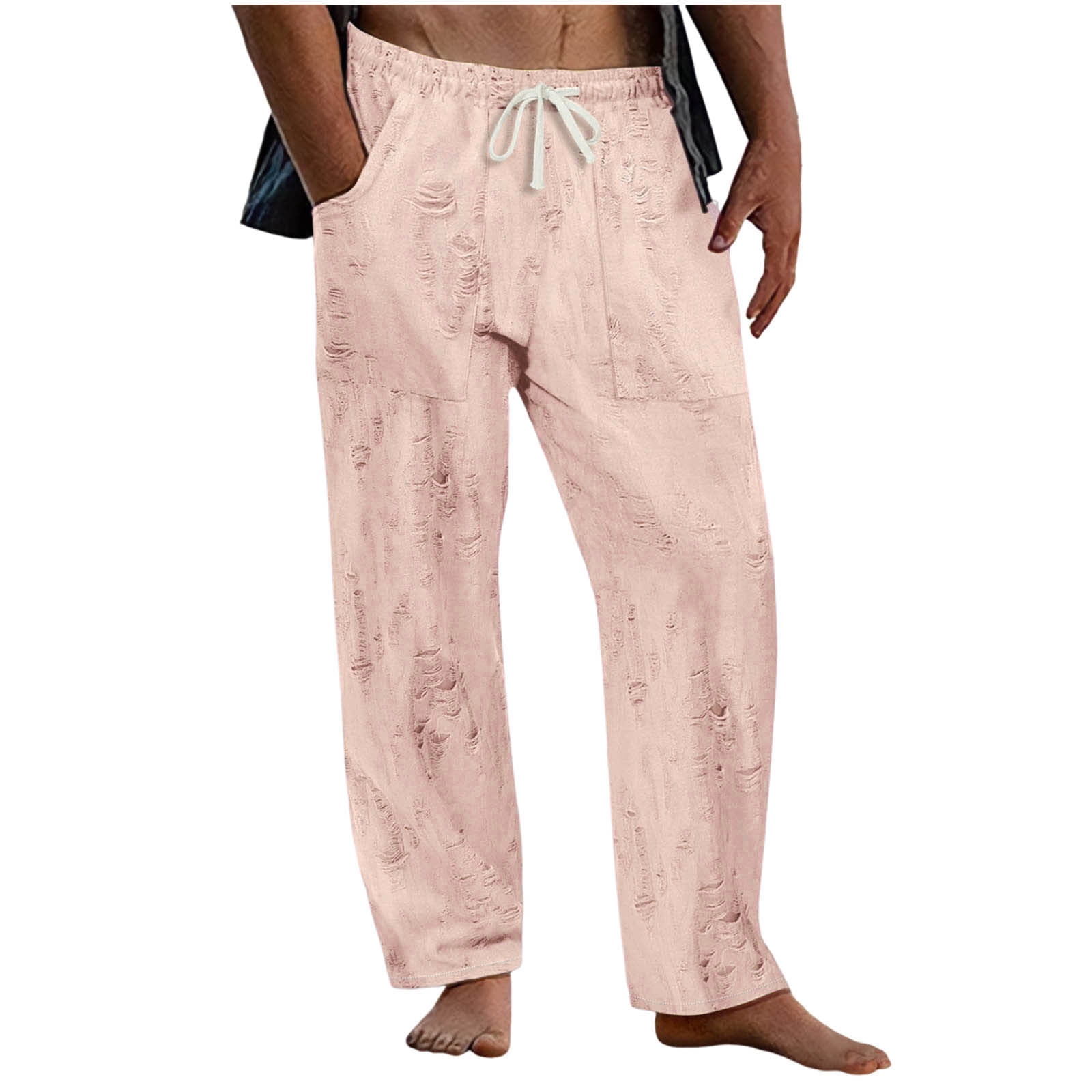 Chiccall Mens Pants Casual Distressed Elastic Waist Drawstring Summer Loose Fit Beach Pants Pink ...