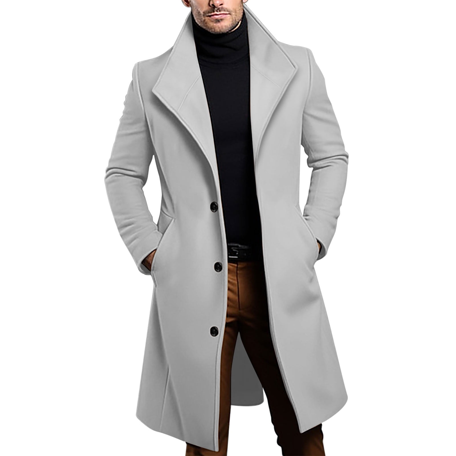 Chiccall Mens Pea Coats Single Breasted Lapel Casual Slim Wool Trench ...
