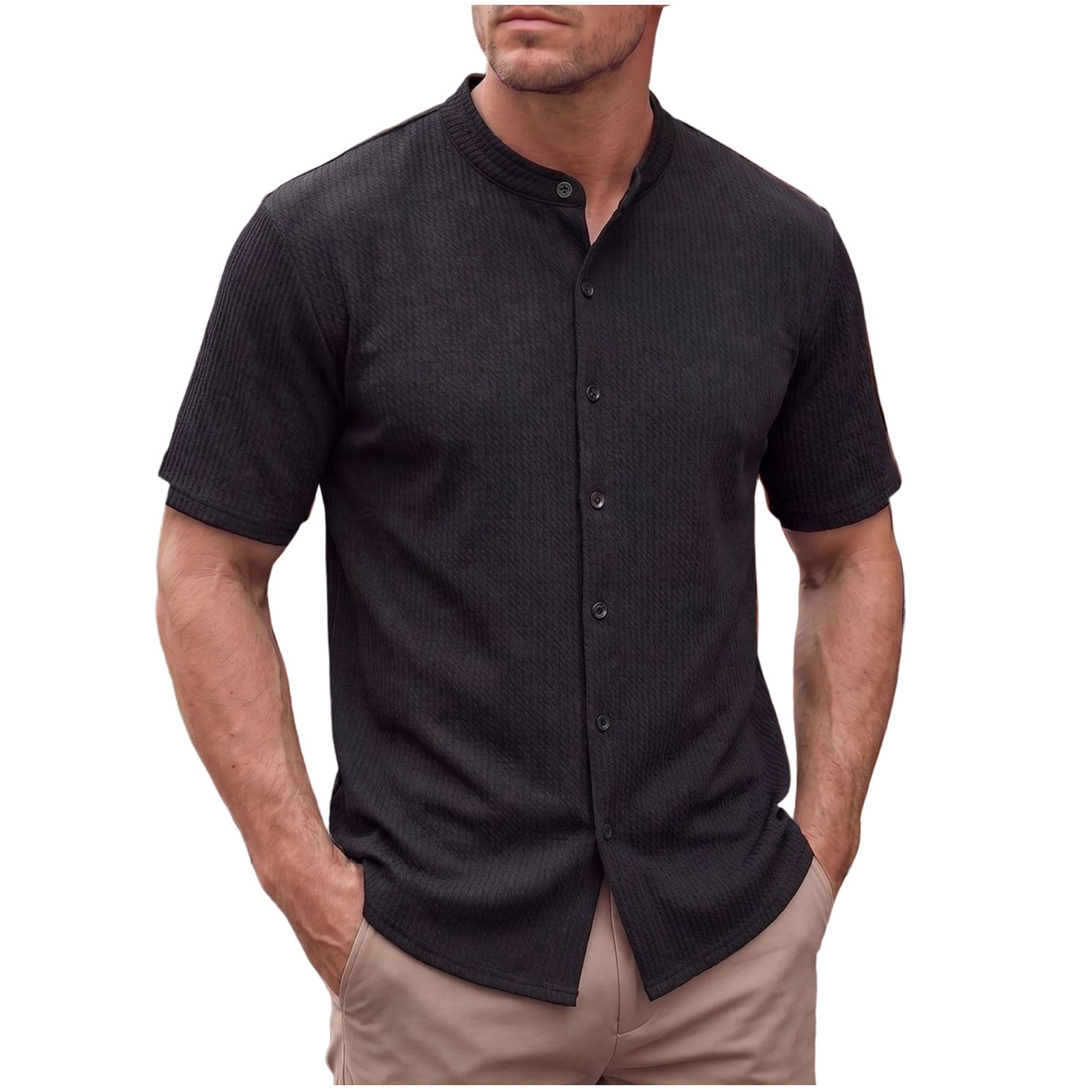 Chiccall Mens Stand Collar Shirts Button Down Textured Short Sleeve ...