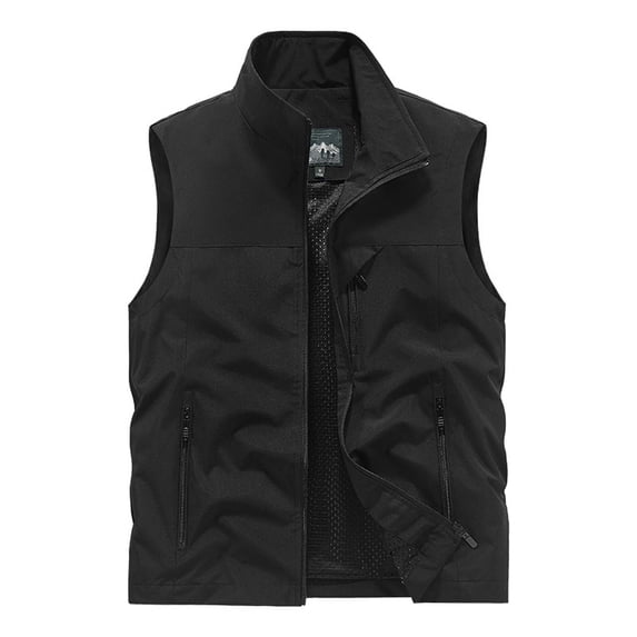 Chiccall Mens Stand Collar Vest Plus Size Cargo Photo Full Zip Solid ...