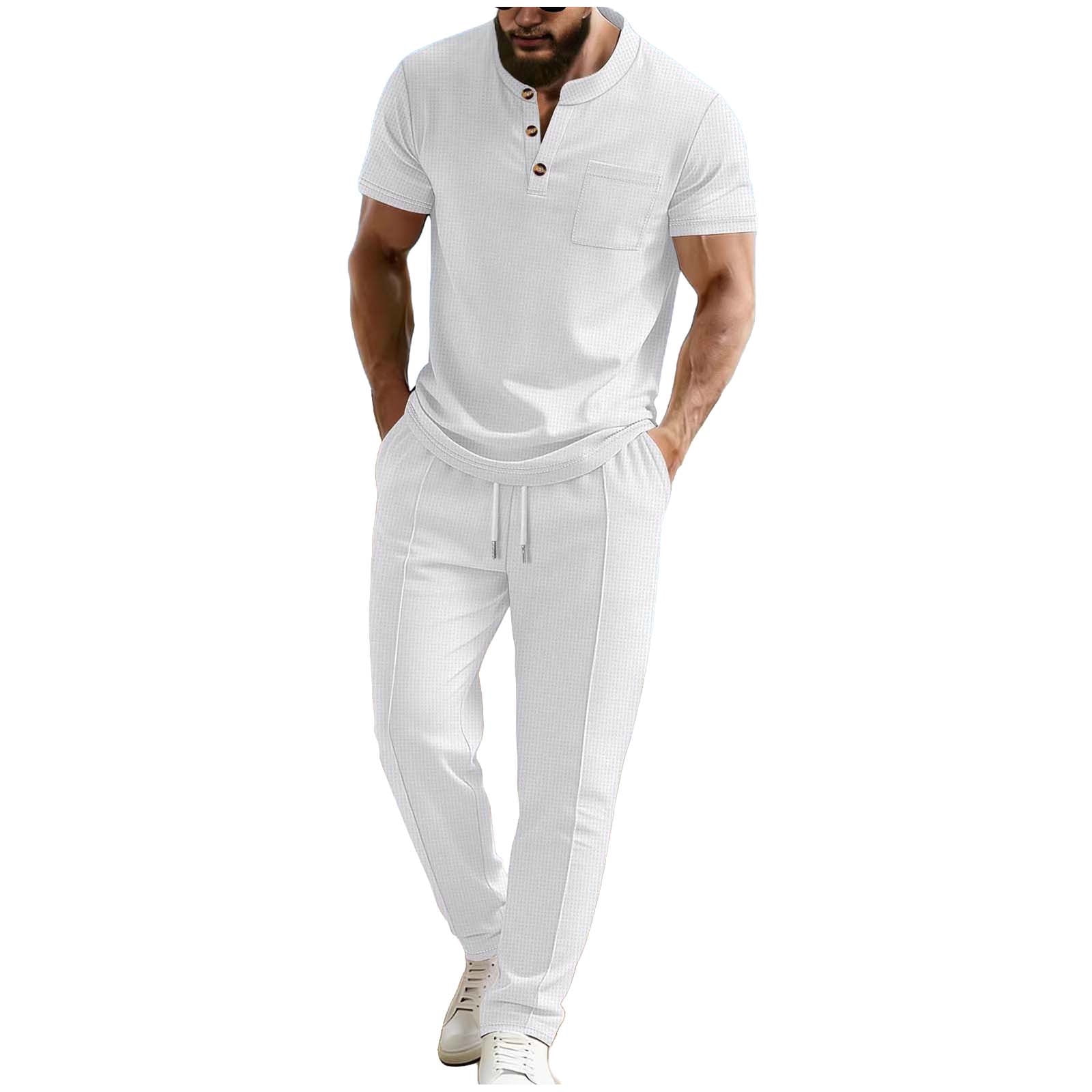 Chiccall Mens Summer 2 Piece Outfits Stand Collar Button Short Sleeve T ...
