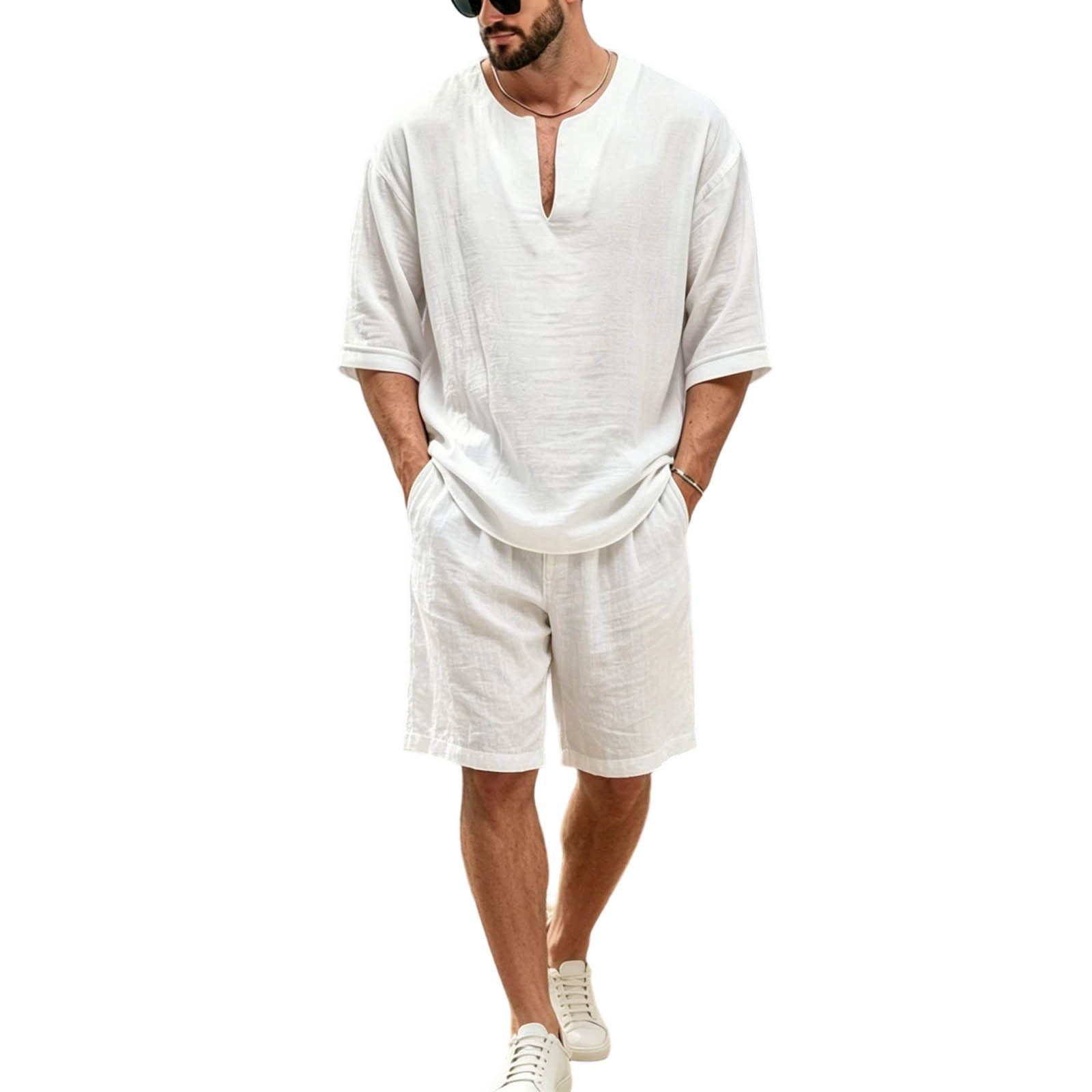Chiccall Mens Summer Linen 2 Piece Outfits V Neck Short Sleeve T Shirts ...
