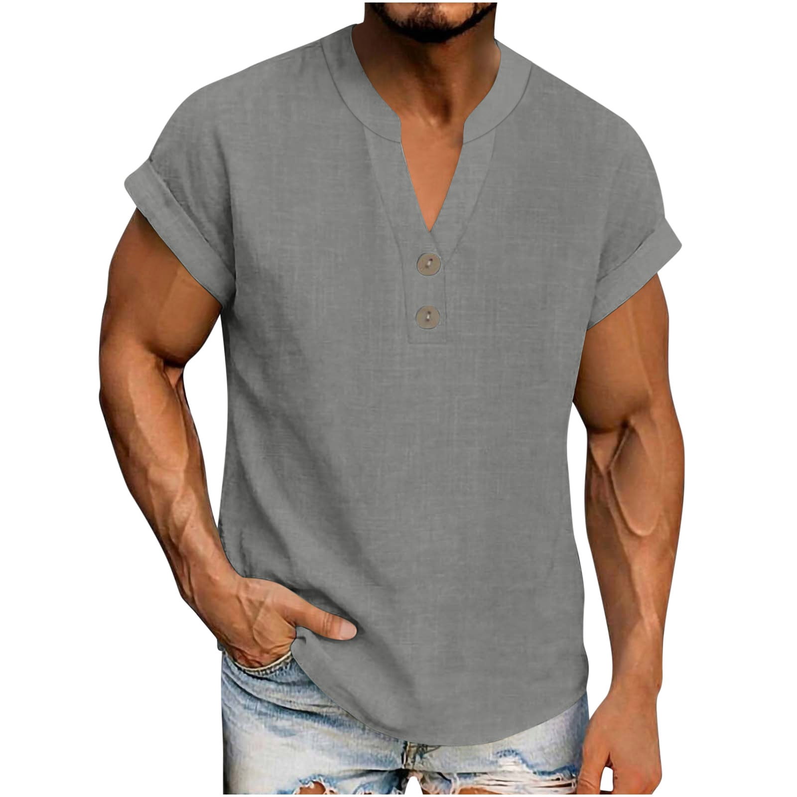Smsaxvxz Mens Plus Size Summer Tops Casual Solid Cotton Linen V Neck ...