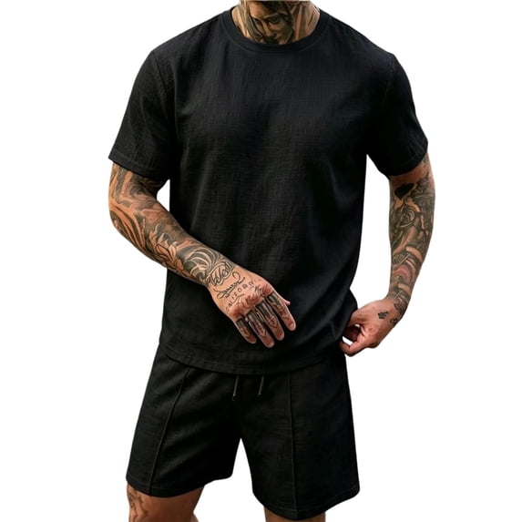 Chiccall Mens Tracksuit Linen 2 Piece Outfits Breathable Crew Short ...