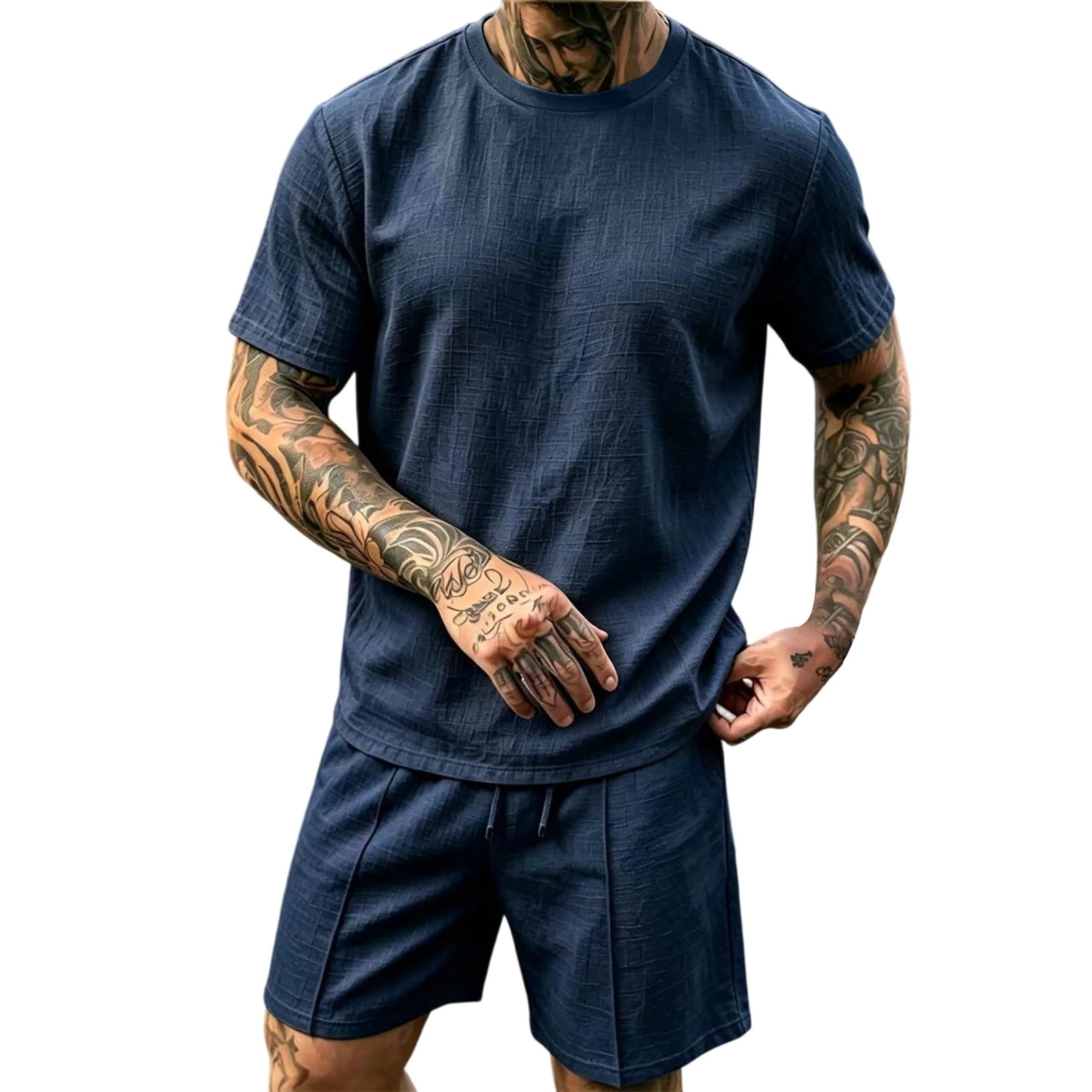 Chiccall Mens Tracksuit Linen 2 Piece Outfits Breathable Crew Short ...