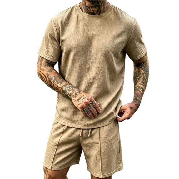 Chiccall Mens Tracksuit Linen 2 Piece Outfits Breathable Crew Short ...