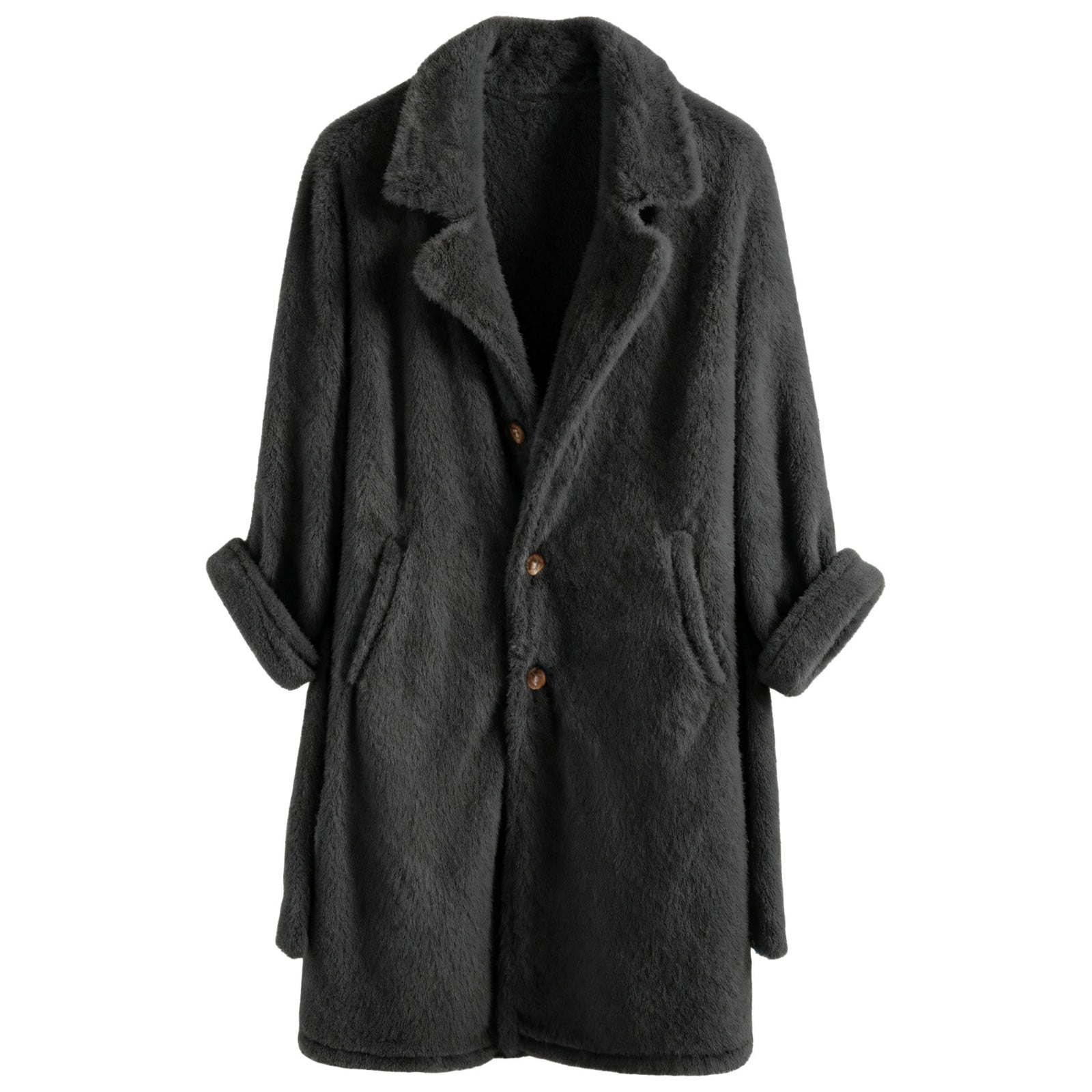 Chiccall Mens Trench Coat Notched Collar Fuzzy Pea Coats Fleece Long ...