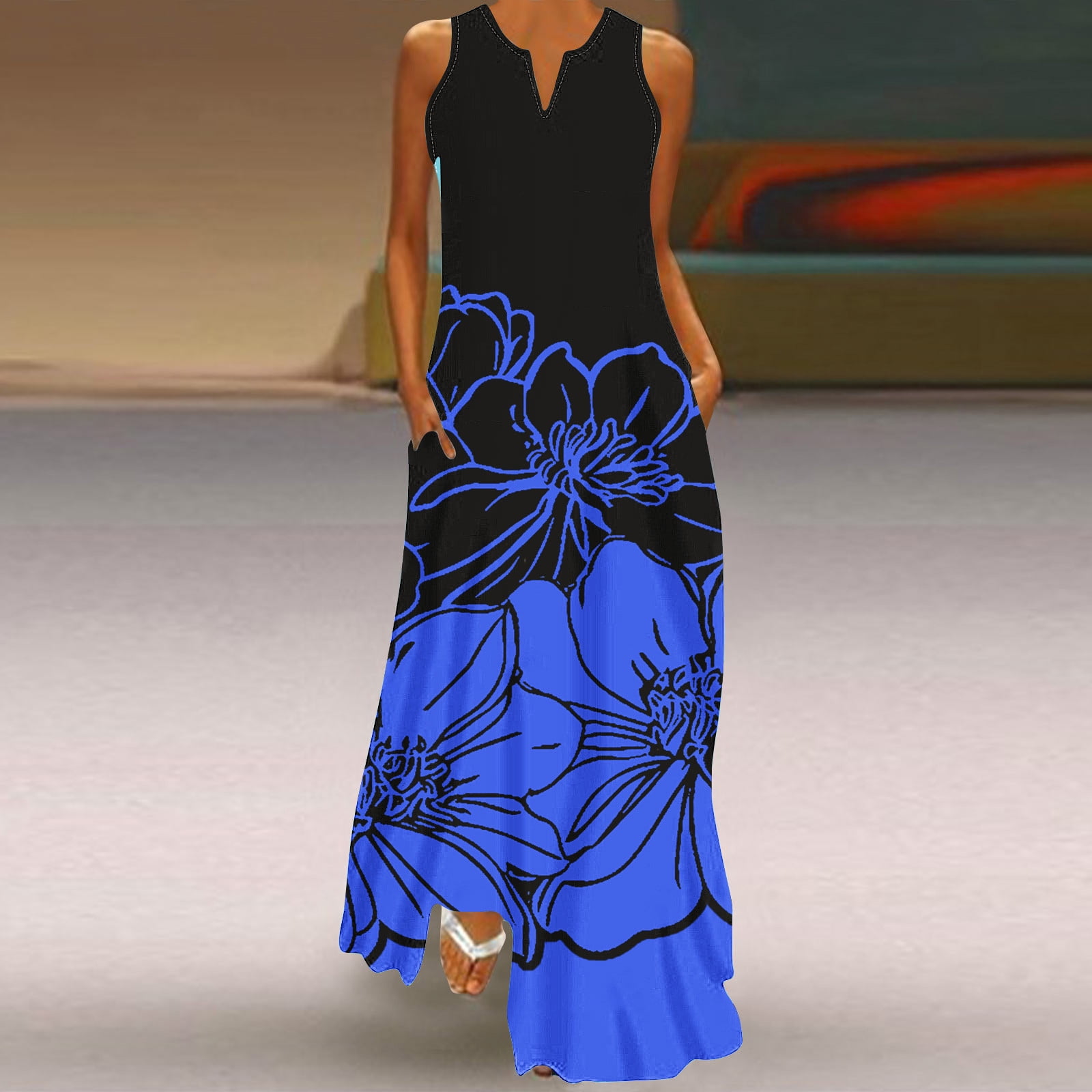 Chiccall Boho Floral Maxi Dresses for Women Sleeveless V-neck Flowy Sun ...