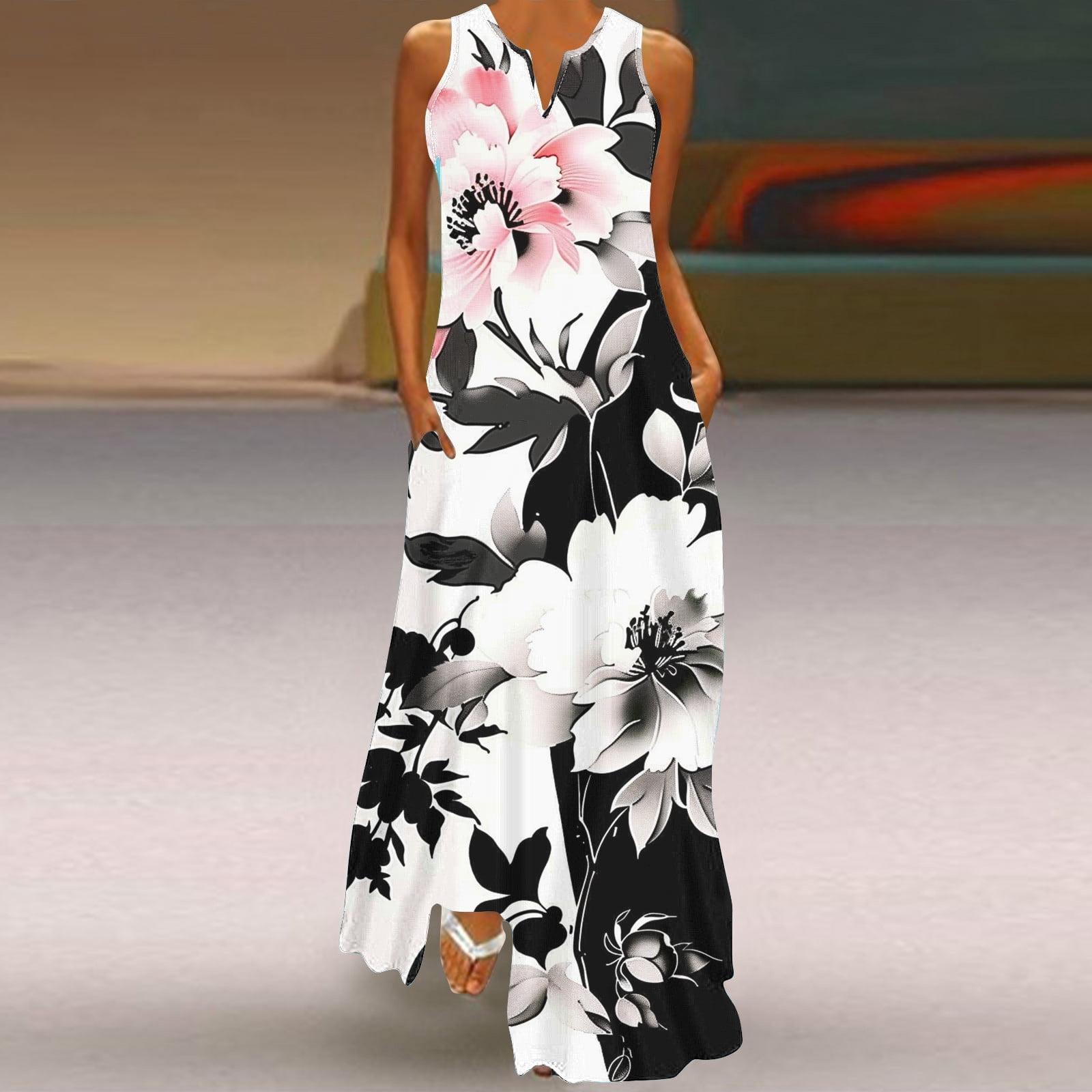 Chiccall Boho Floral Maxi Dresses for Women Sleeveless V-neck Flowy Sun ...