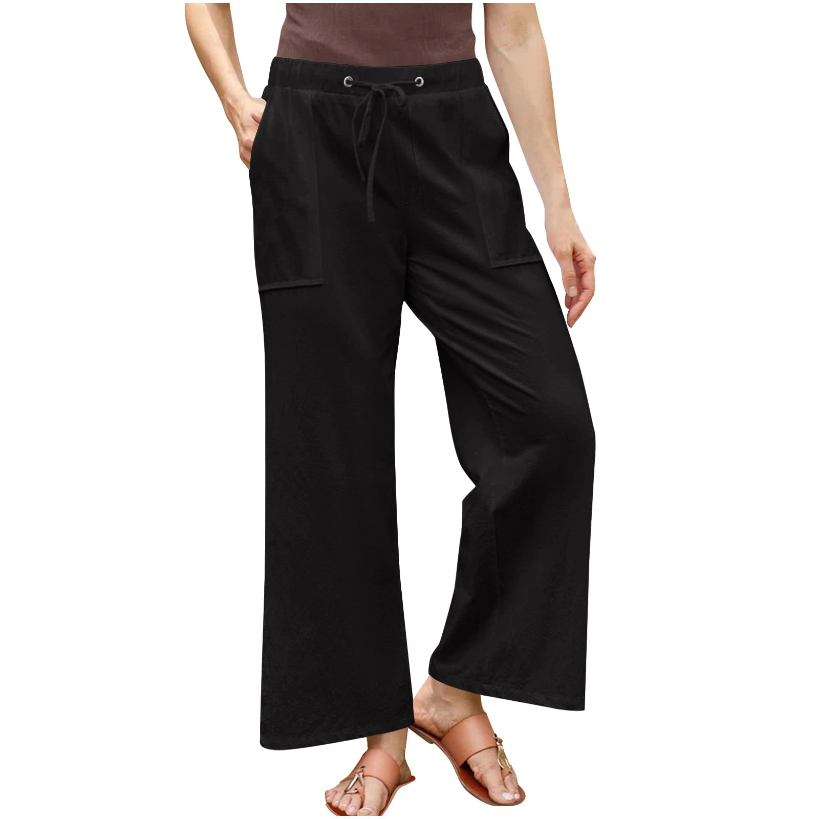 Chiccall Plus Size Cotton Linen Pants Women Casual High Waisted Wide ...
