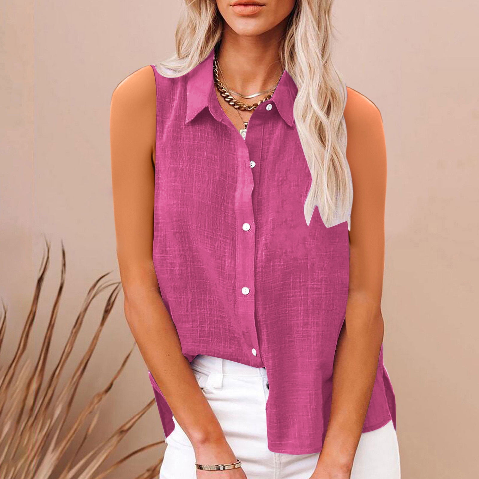 Chiccall Plus Size Linen Shirts for Women Sleeveless Collared Tops ...