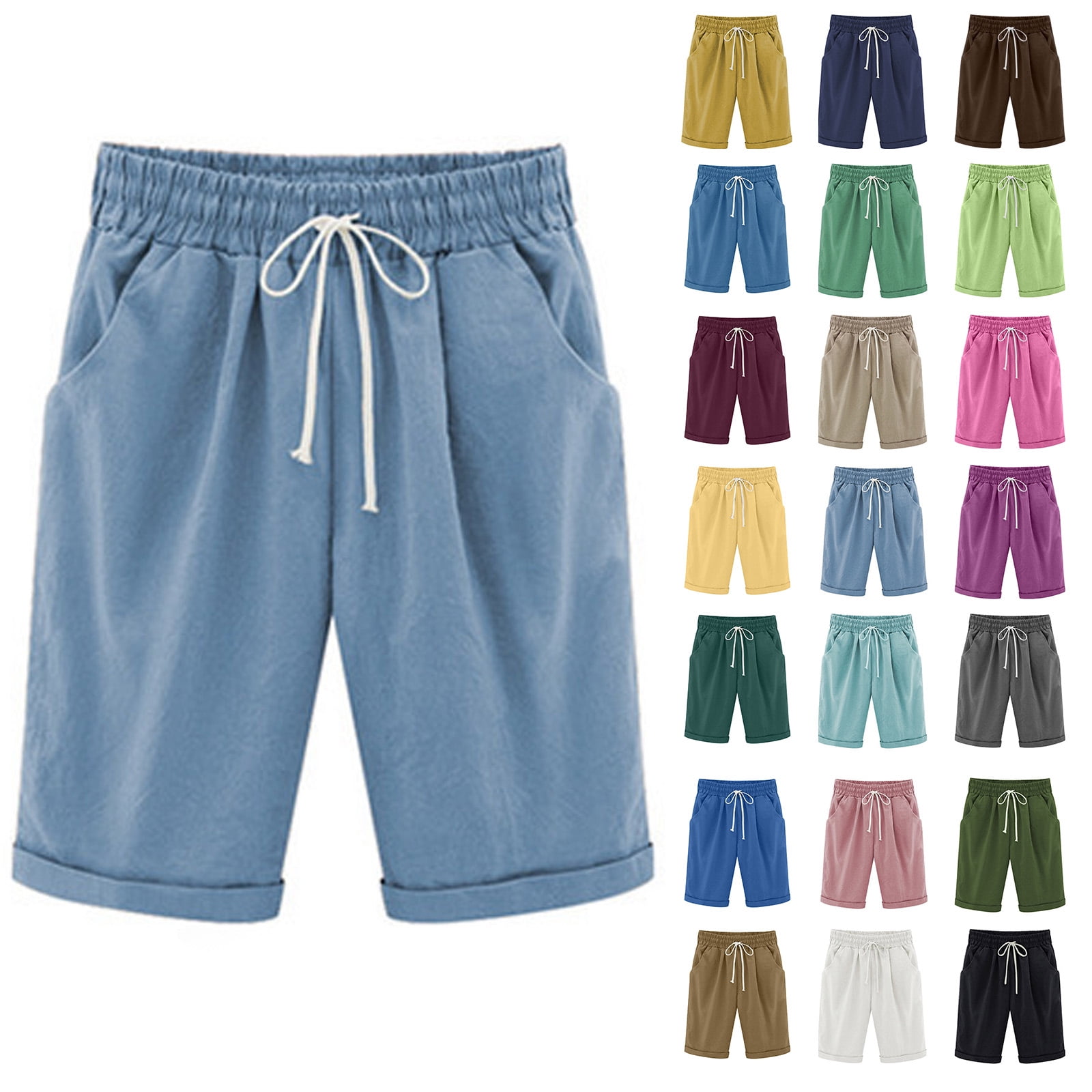 Chiccall Plus Size Shorts for Women Casual Cotton Linen Drawstring ...