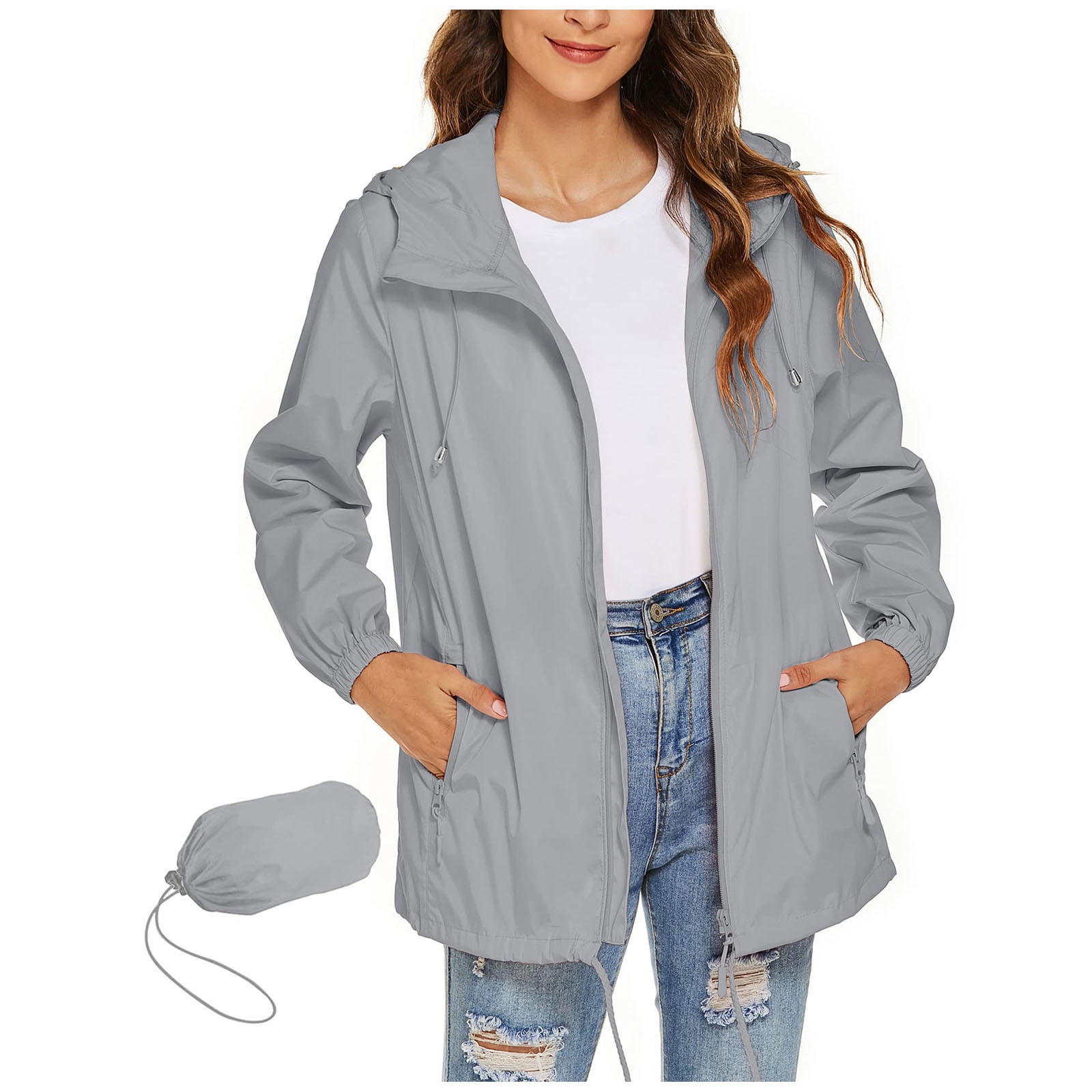 Chiccall Rain Jacket for Women Packable Long Sleeve Adjustable Hood ...
