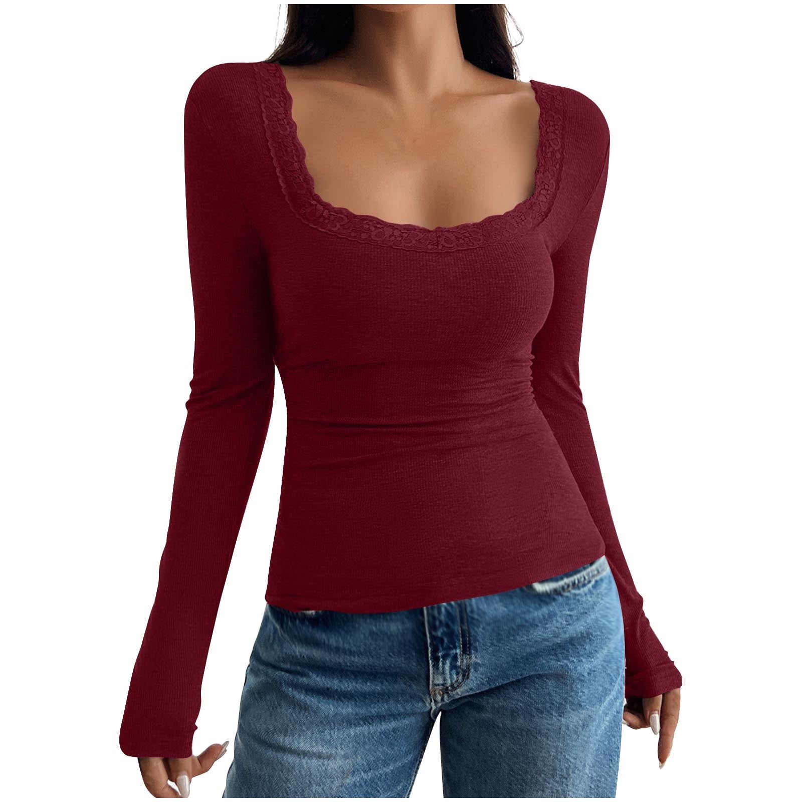 Chiccall Ribbed Knit Shirt for Women Long Sleeve Lace Square Neck Open ...