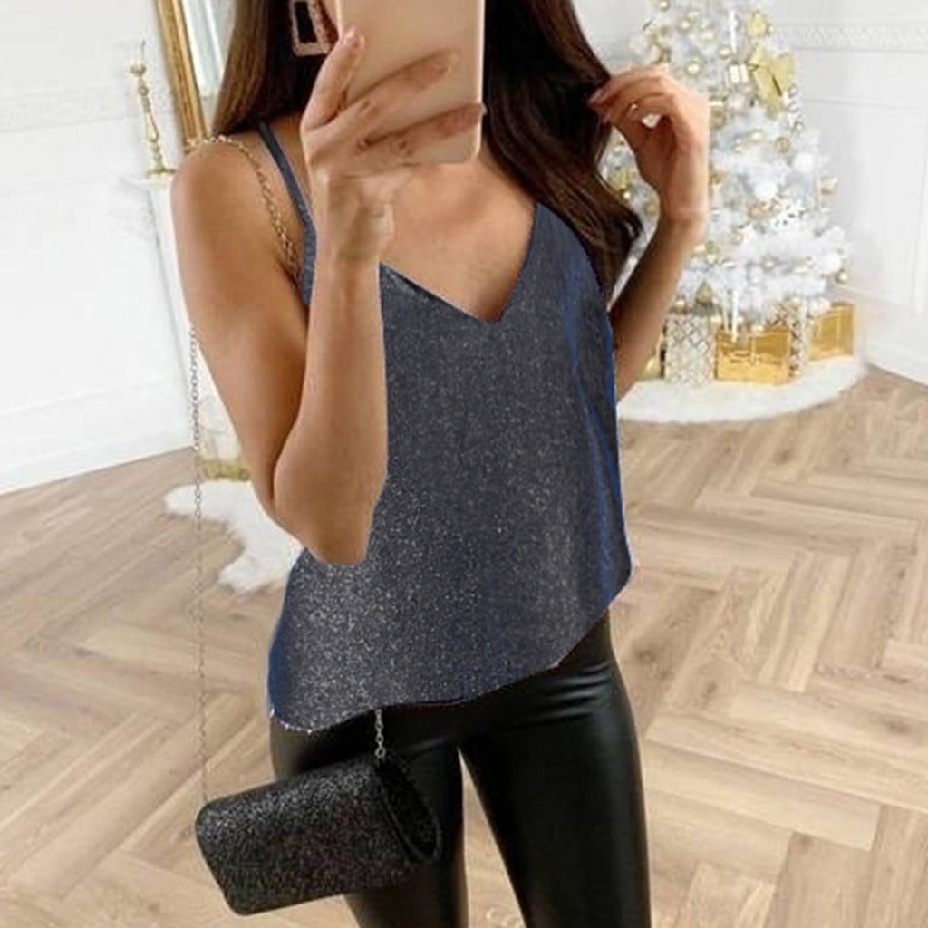 Chiccall Sequin Tops For Women Sexy V Neck Sleeveless Shirt Plus Size