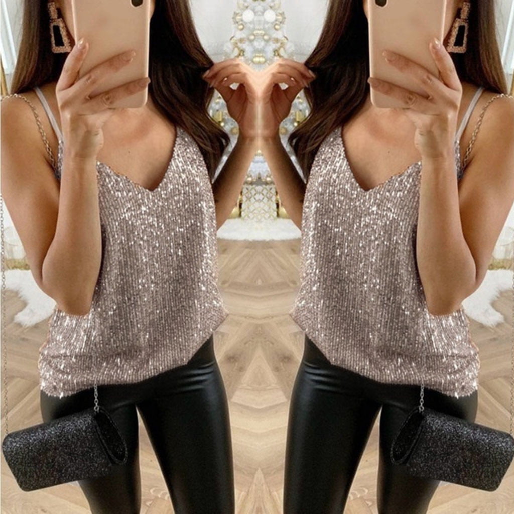 Chiccall Sequin Tops for Women Sexy V Neck Sleeveless Shirt Plus Size ...