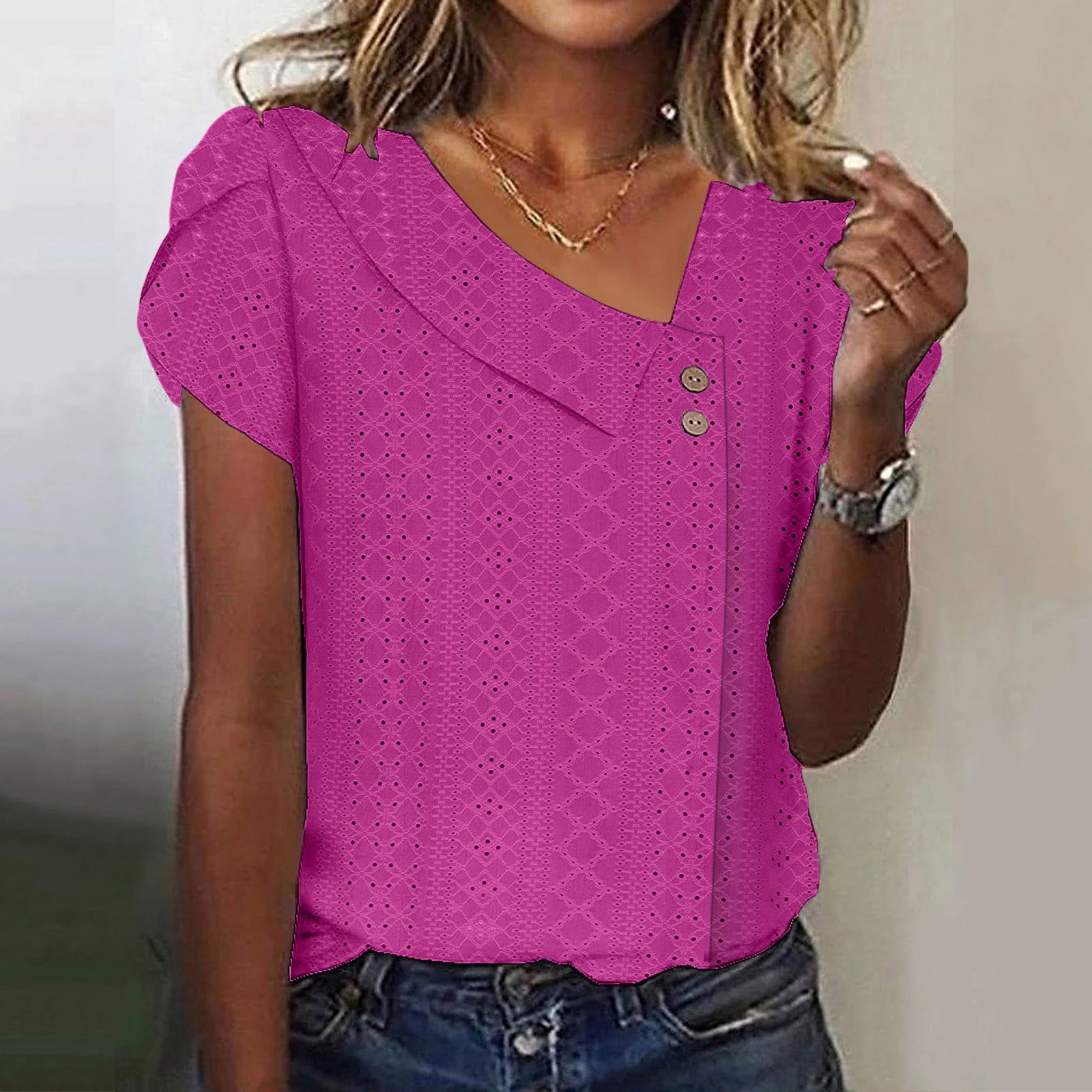 Chiccall Summer Eyelet Tops for Womens Solid V Neck Short Sleeve Shirts ...