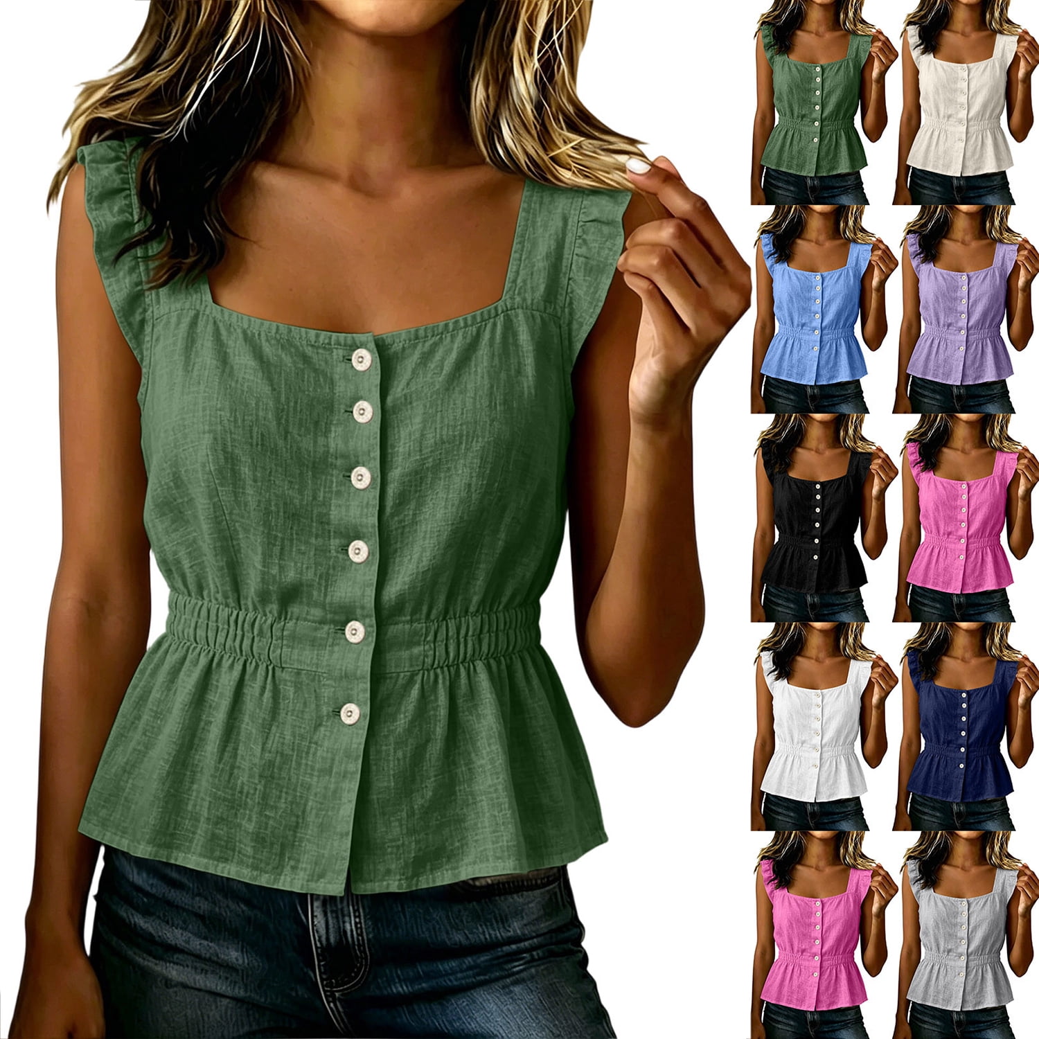 Chiccall Women's Cotton Linen Square Neck Peplum Cami Top Sleeveless ...