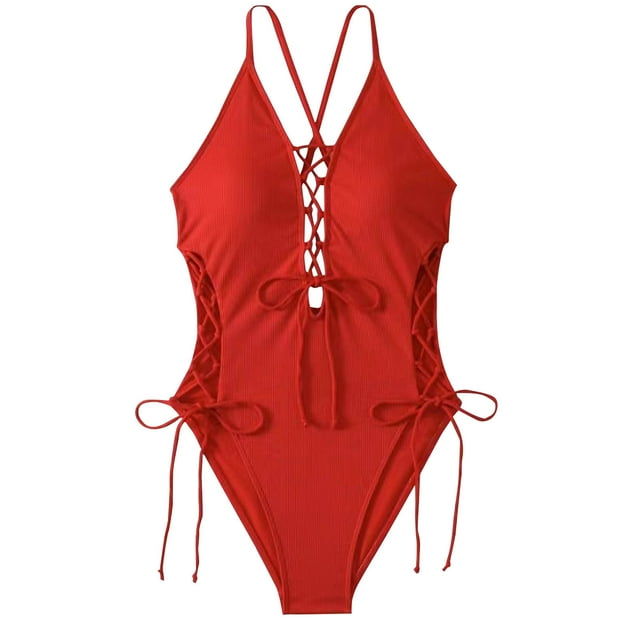 Chiccall Women's One Piece Backless Swimsuits Laced Up Adjustable ...