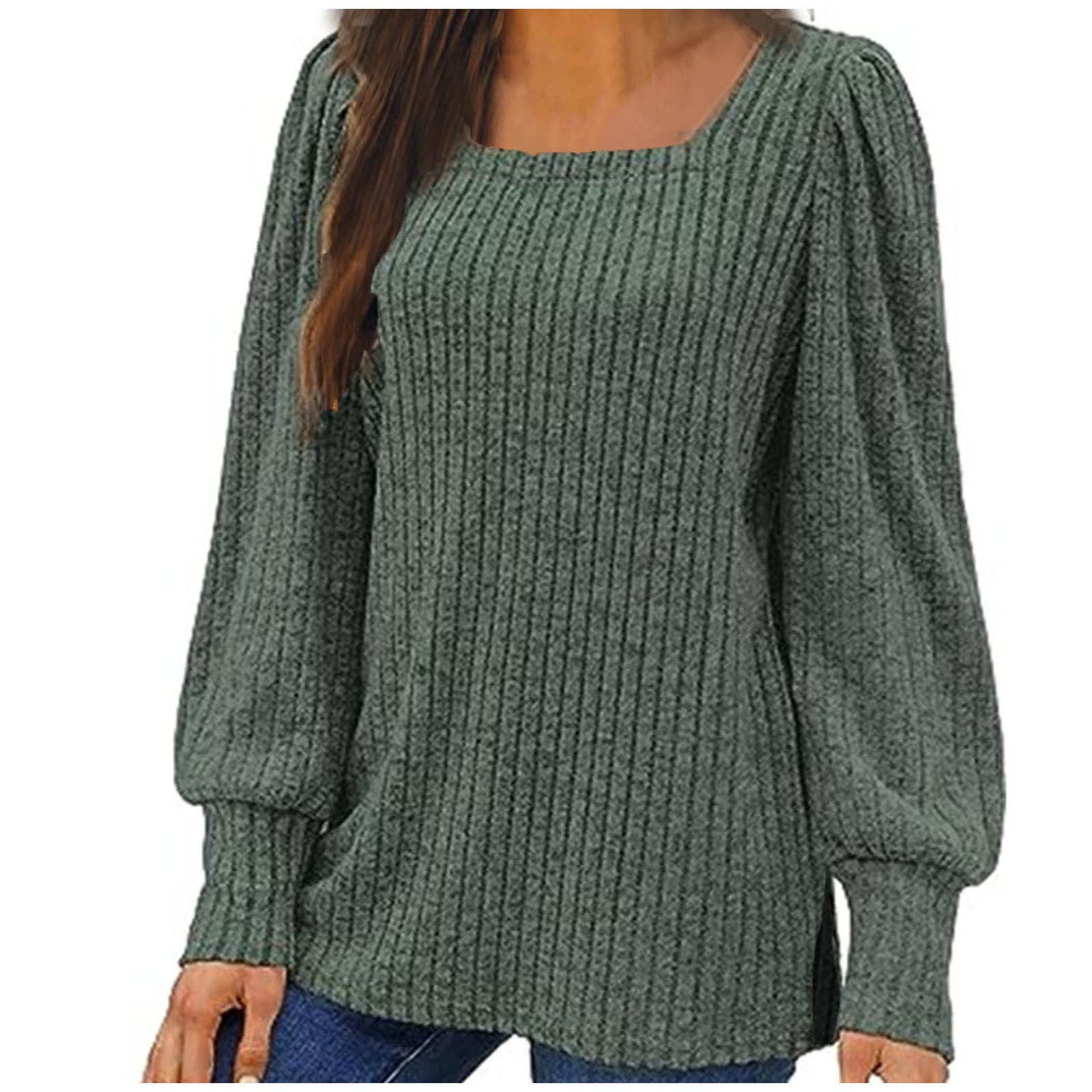 Chiccall Women's Square Neck Long Puff Sleeve Side Slit Sweater Casual ...