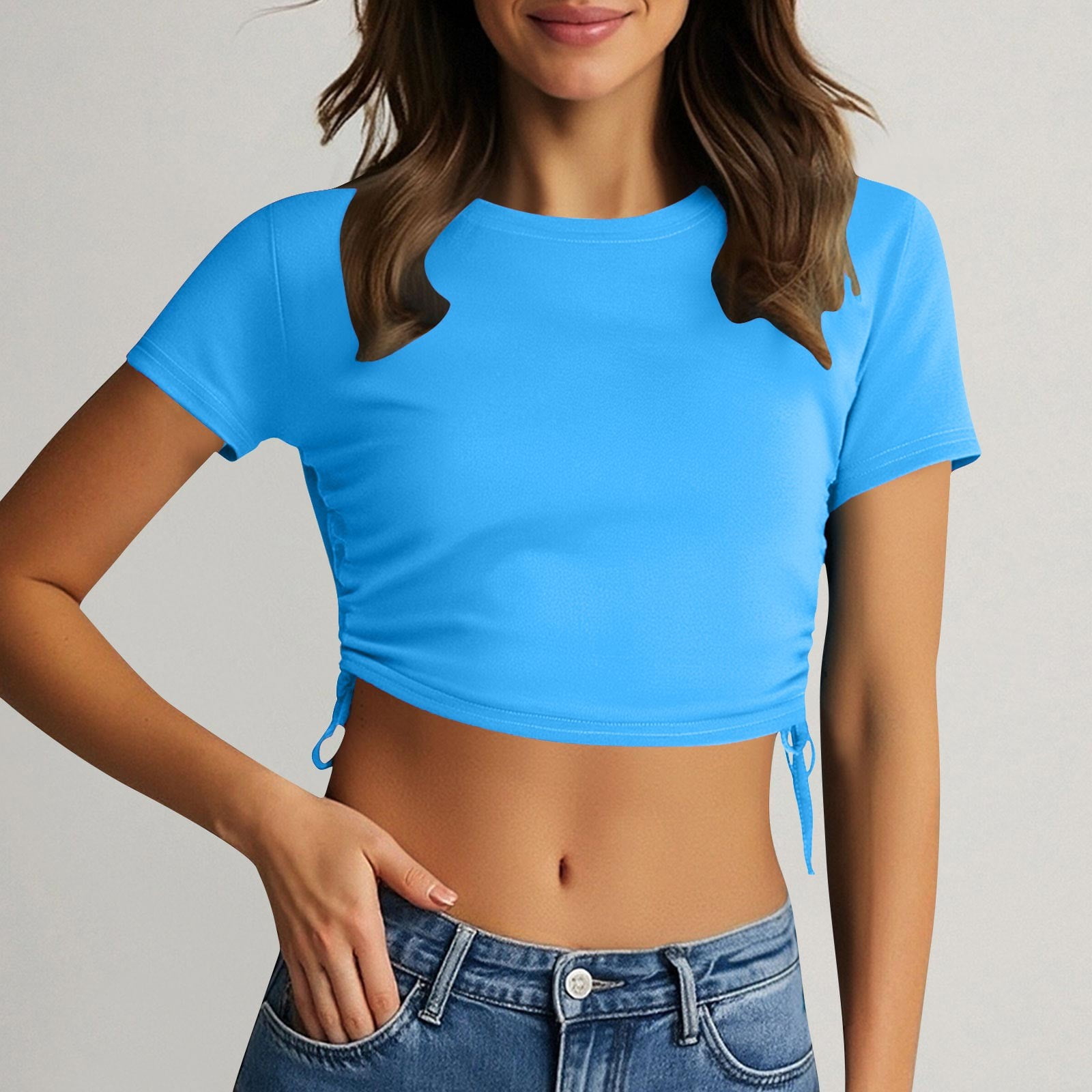 Chiccall Womens Crop Tops Summer Short Sleeve Ruched Tops Slim Fit ...