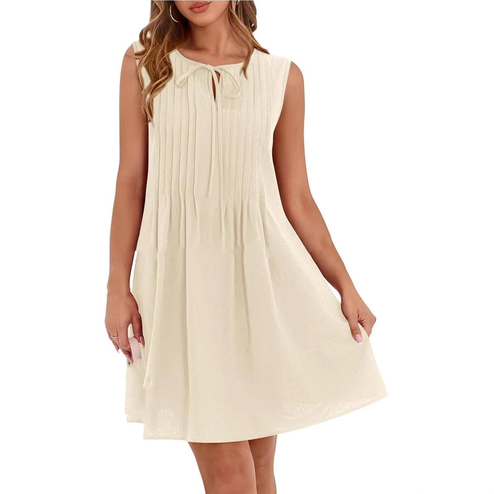 Chiccall Womens Summer Dresses Sleeveless Crew Neck Cute Bow Tie Mini ...