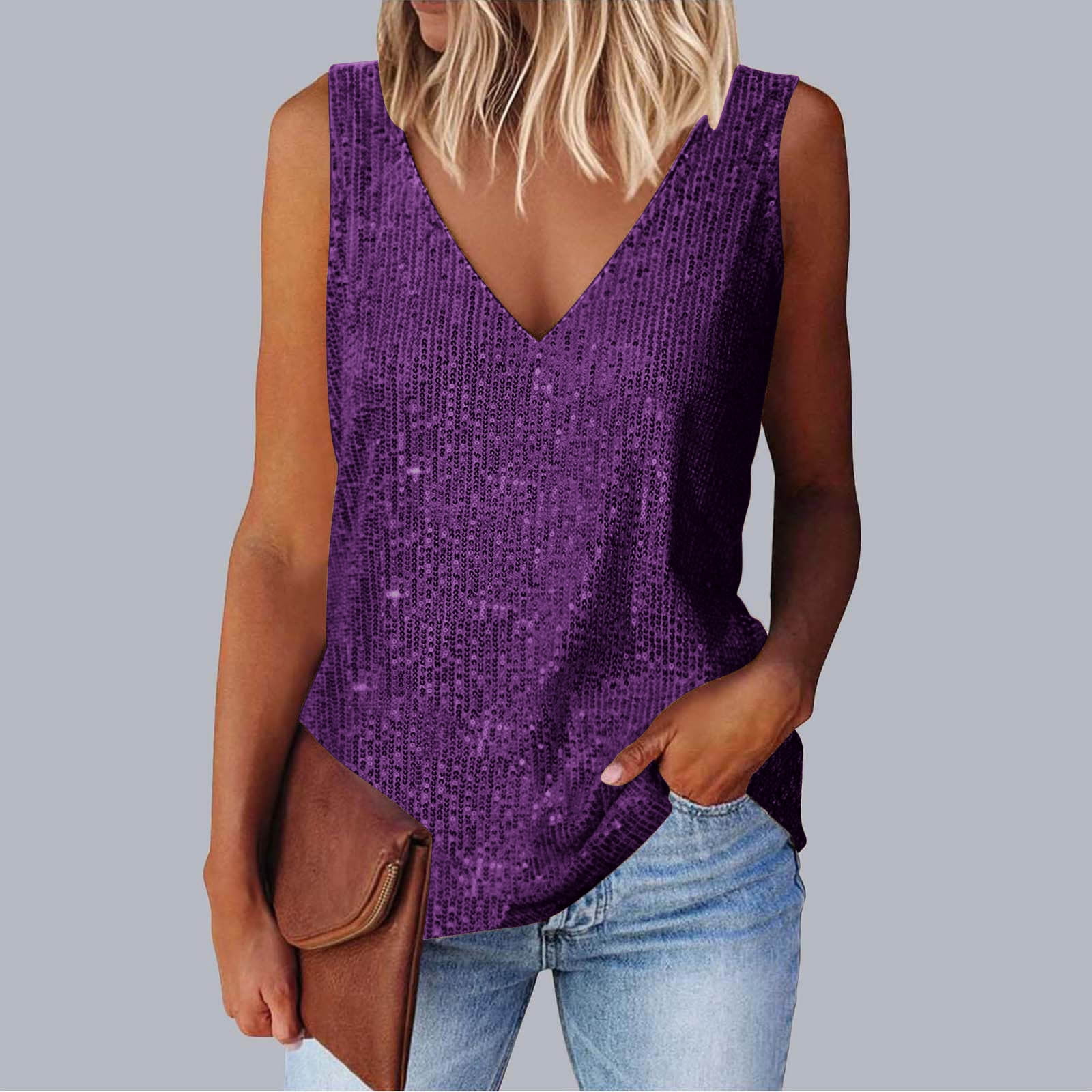 Chiccall Womens Summer Fashion Sequin Tops Deep V-neck Sparkles Glitter ...