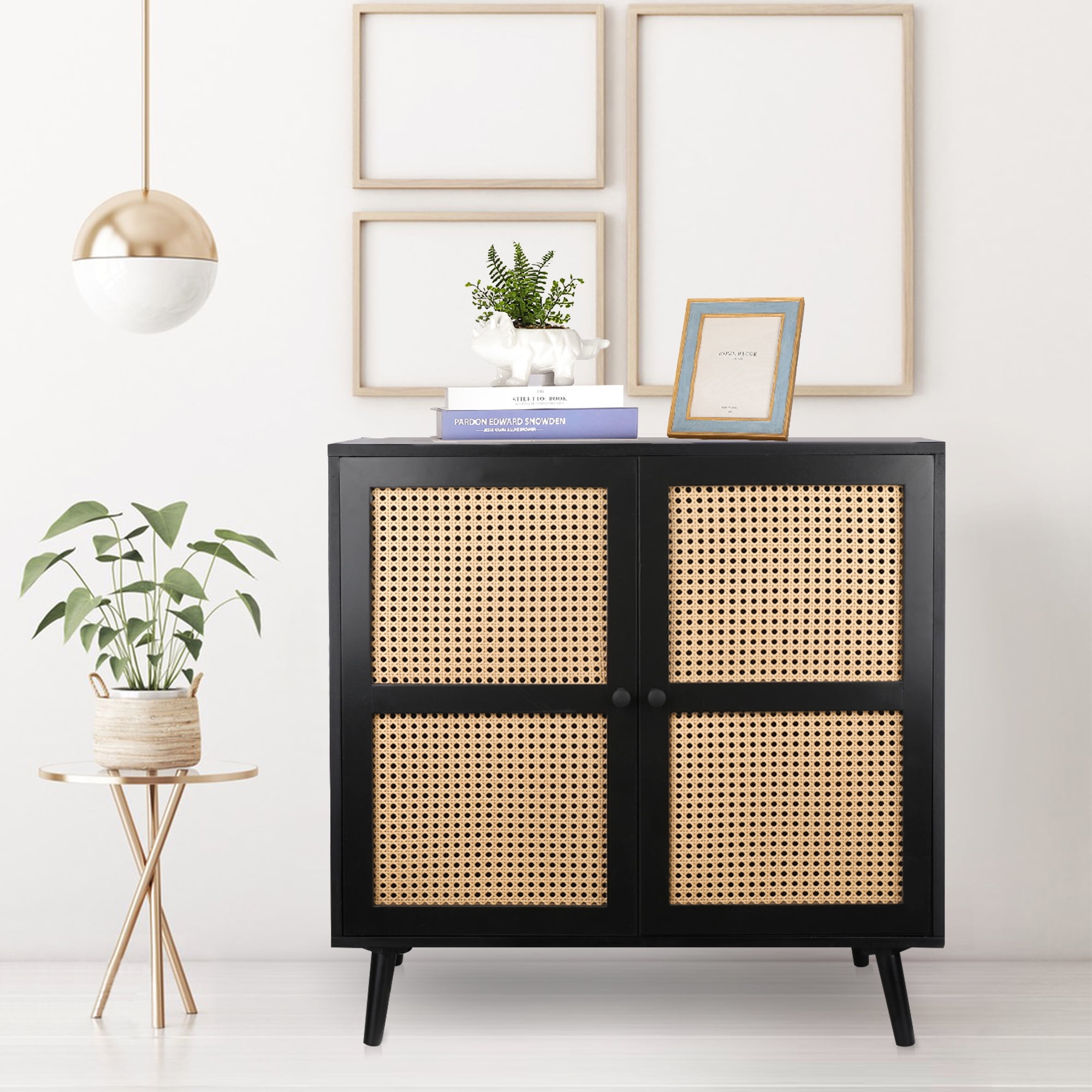 Chicgrowth Black Rattan Storage Cabinet, Mid Century Modern, Liquor ...