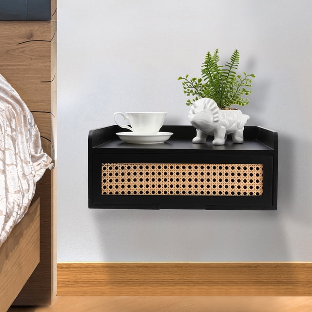 Chicgrowth Wall Mounted Floating Nightstand with Rattan Drawer, Bedside ...