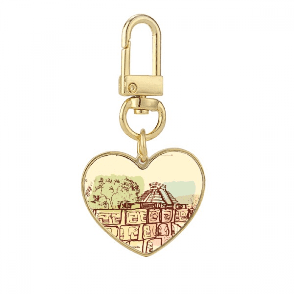Chichen Itza Mexico Ancient Civilization Drawing Gold Heart Keychain ...