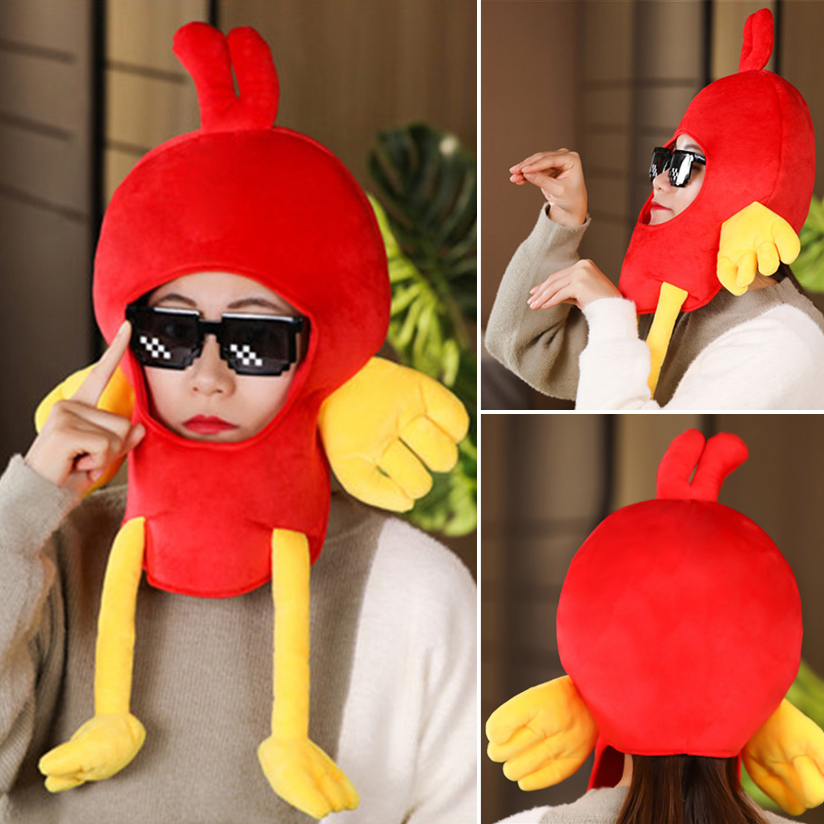 Chick Headgear Cute Funny Red Chicken Soft Head Cover Dress Up Warm ...