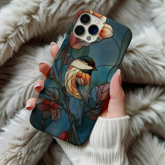 Chickadee Bird Stained Glass Wildflower Phone Case with iPhone 17 to 11 ...