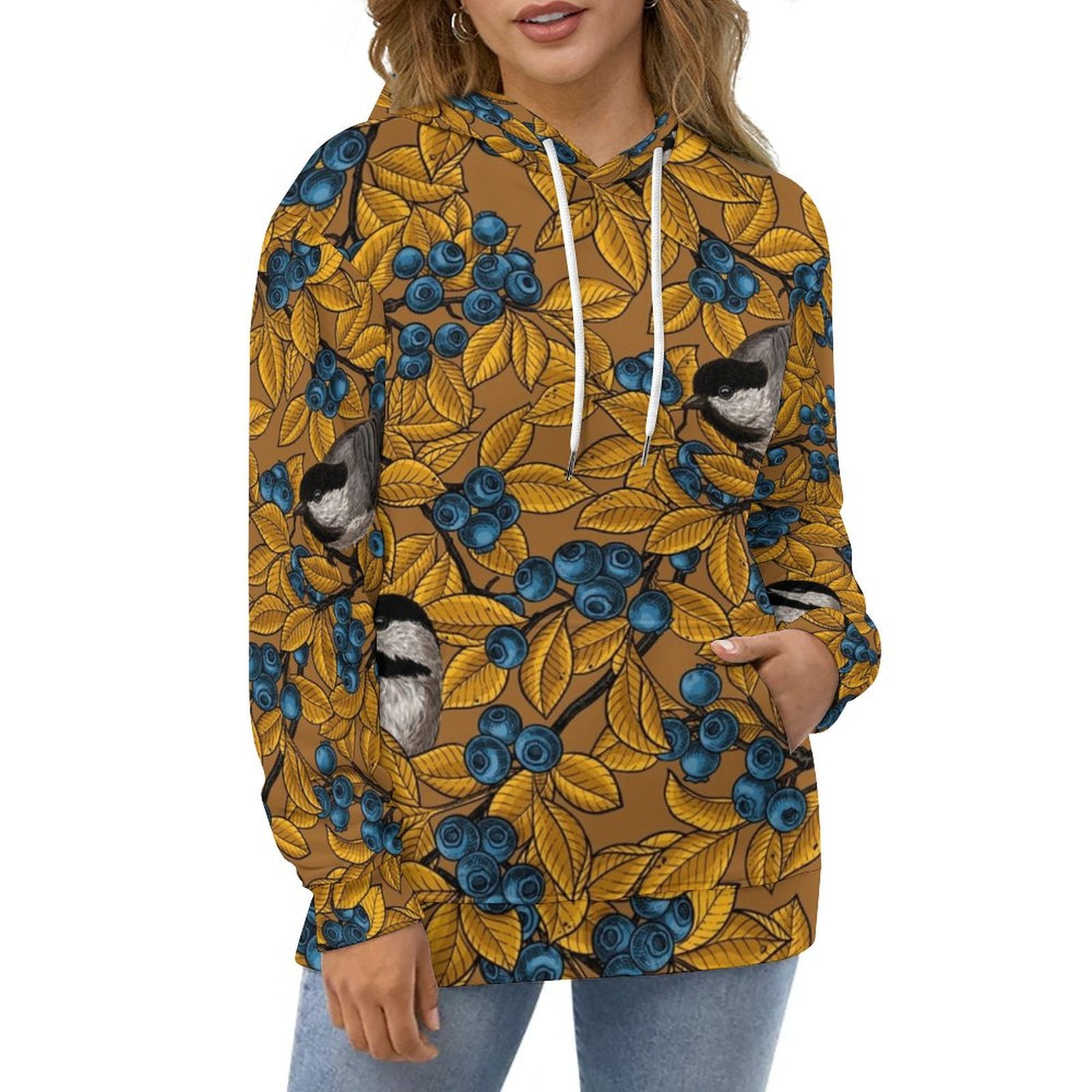 Chickadee Birds On Blueberry Branches Hoodie Sweatshirt Women ...