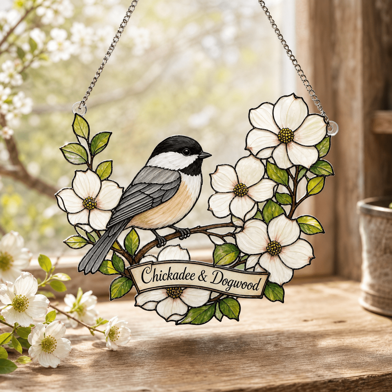 Chickadee Dogwood Acrylic Suncatcher, Woodland Blossom Bird Hanging ...