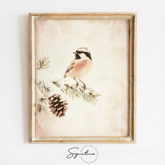 Chickadee On Snowy Pinecone Branch, Vintage Winter Bird Art, Rustic ...