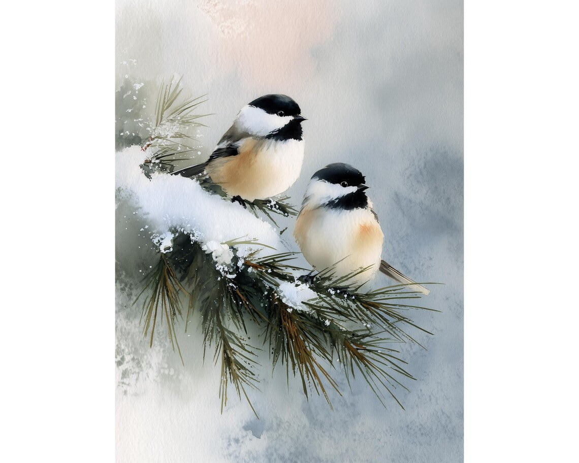 Chickadee Watercolor Winter Bird on Snowy Evergreen Branch Poster ...