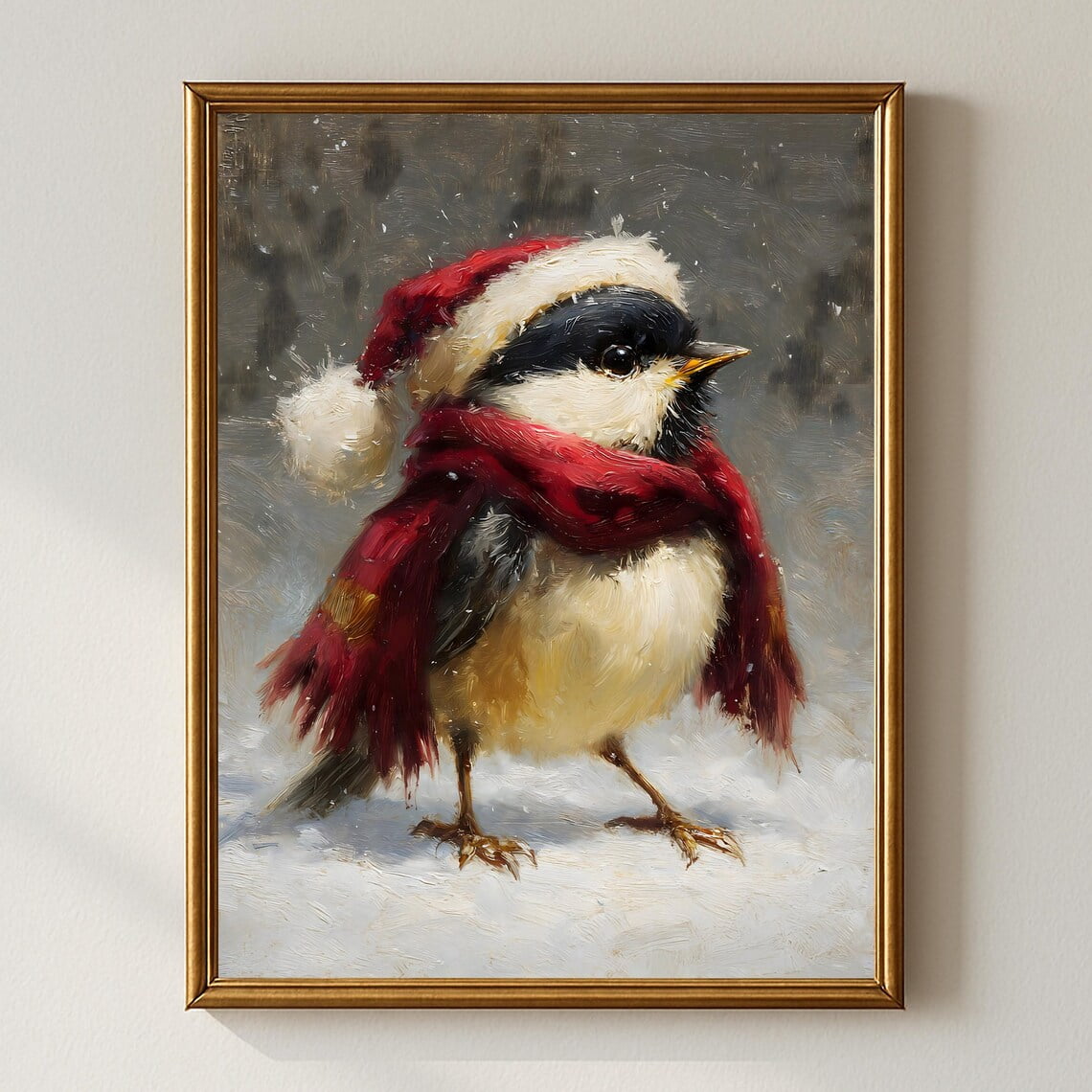 Chickadee Winter Wall Art, Festive Bird With Santa Hat And Red Scarf ...