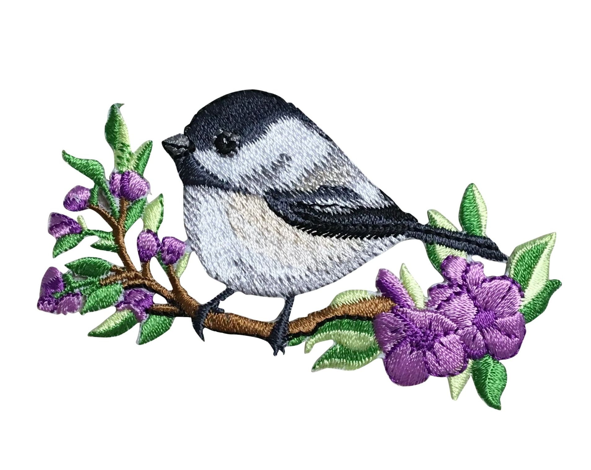 Chickadee on Branch - Facing Left - Purple Flowers/Natural Bird - Iron ...