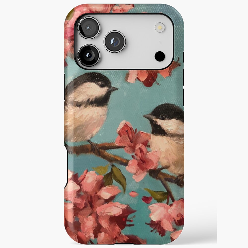 Chickadees Cherry Blossoms Bird Art iPhone Case 17 16 15 14 13 12 11 ...