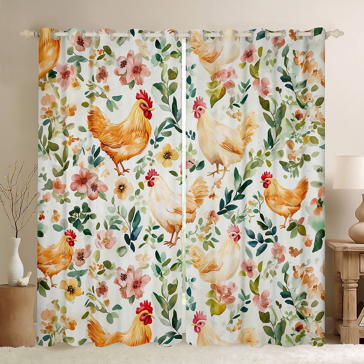 Chicken (38Wx45L) Window Curtains Cute Farm Animal Curtains & Drapes ...