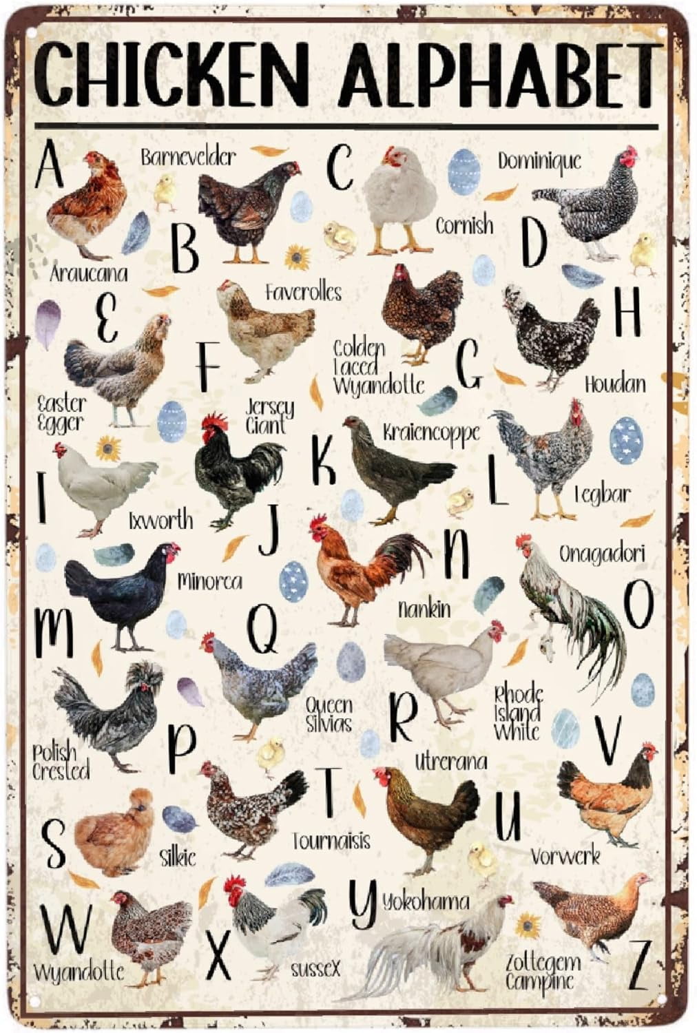 Chicken Alphabet Vintage Metal Poster Farm Sign Decor-Retro Aluminum ...