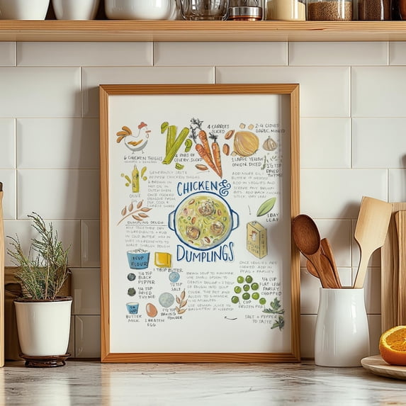 Chicken And Dumplings Recipe Print, Illustrated Kitchen Wall Decor ...