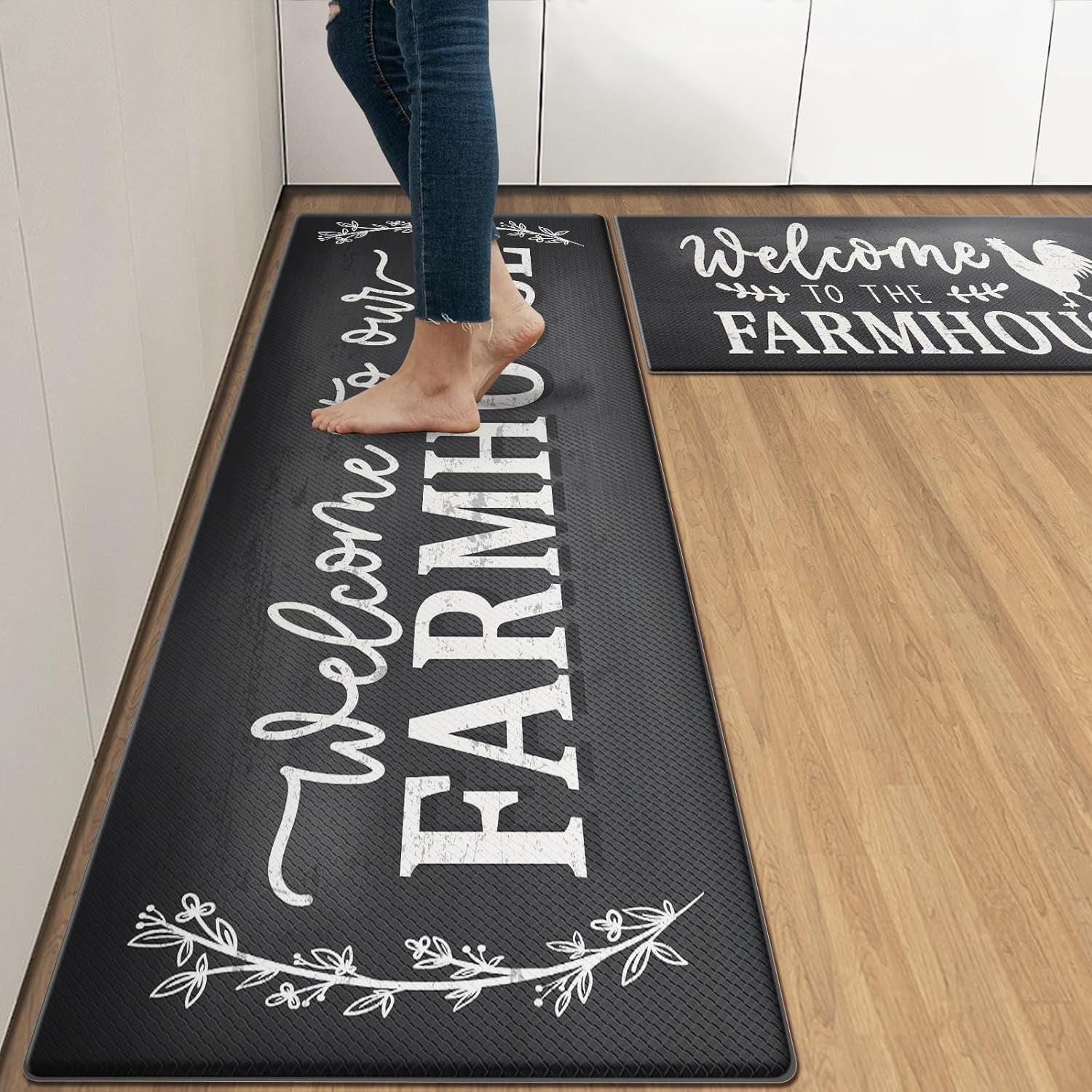Chicken Anti-Fatigue Kitchen Rug Set of 2 Welcome Farmhouse Rooster ...