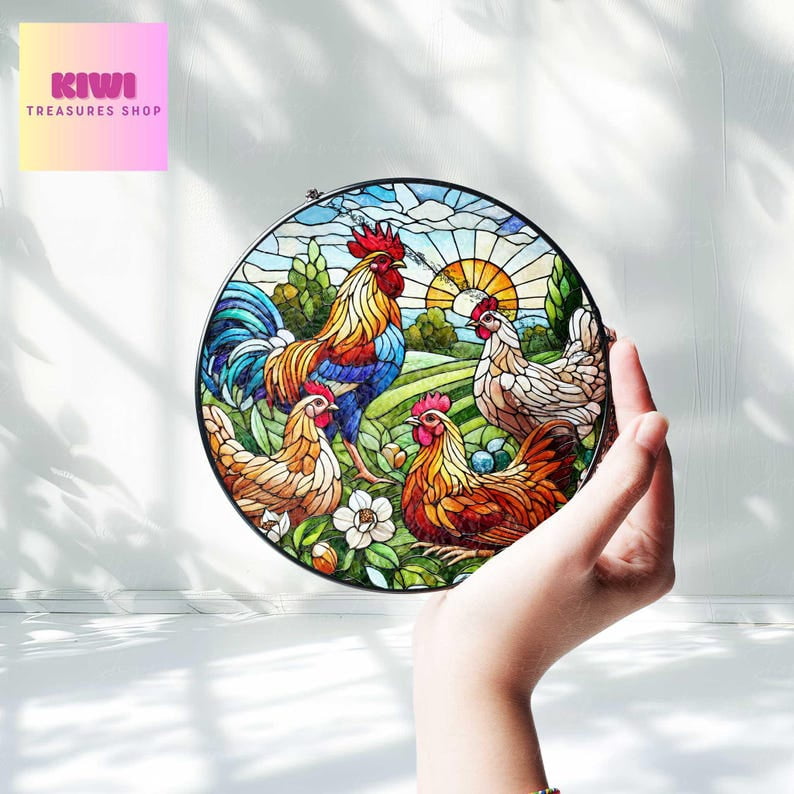 Chicken Backyard landscape GLASS suncatcher Hanging, Chicken Suncatcher ...