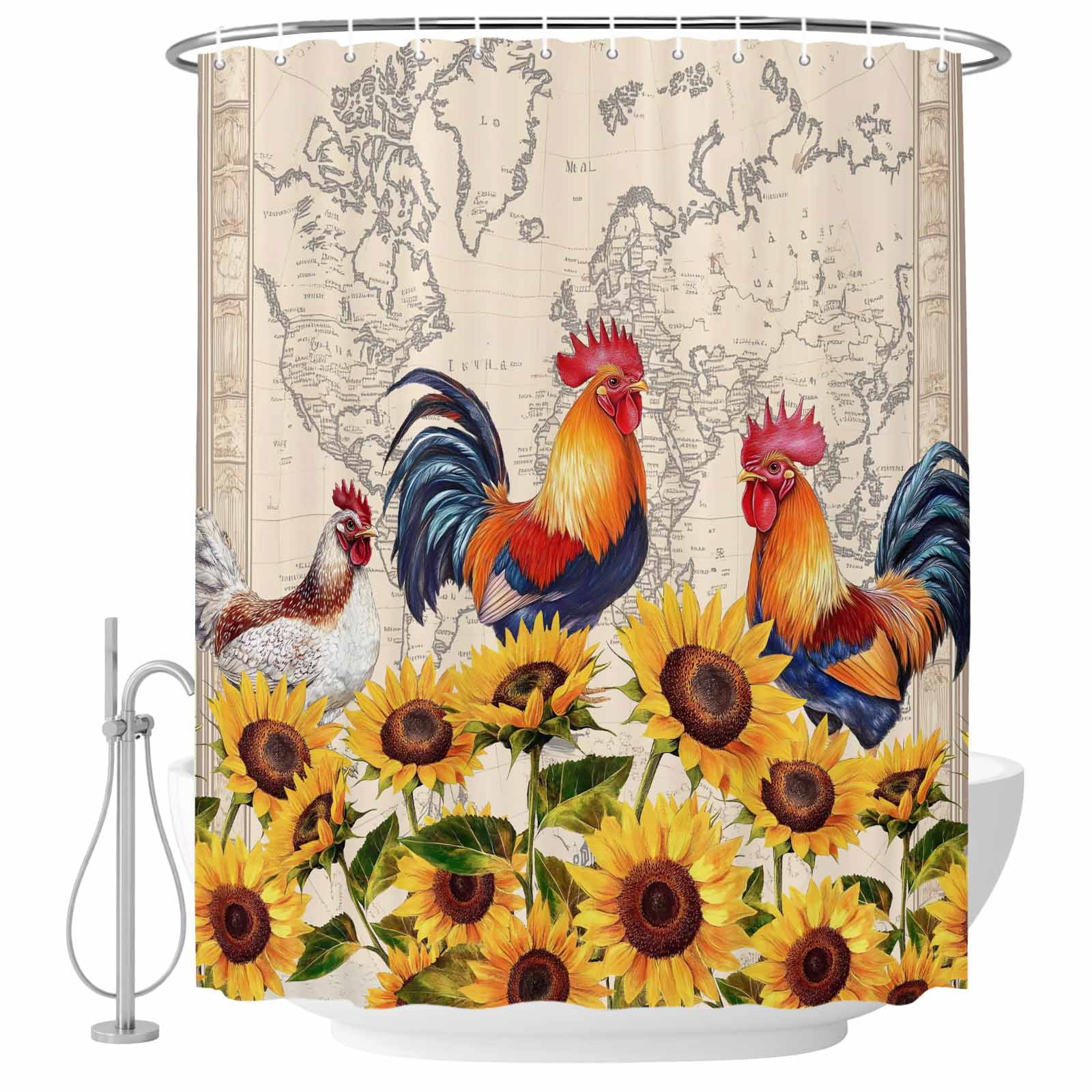 Chicken Bathroom Shower Curtains with Hooks, Sunflower Map Waterproof ...