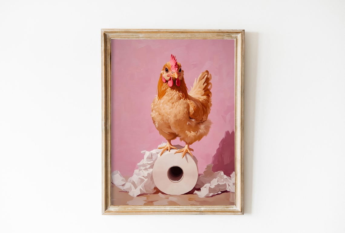 Chicken Bathroom Toilet Pastel Pink Home Wall Decoration, Stretched ...