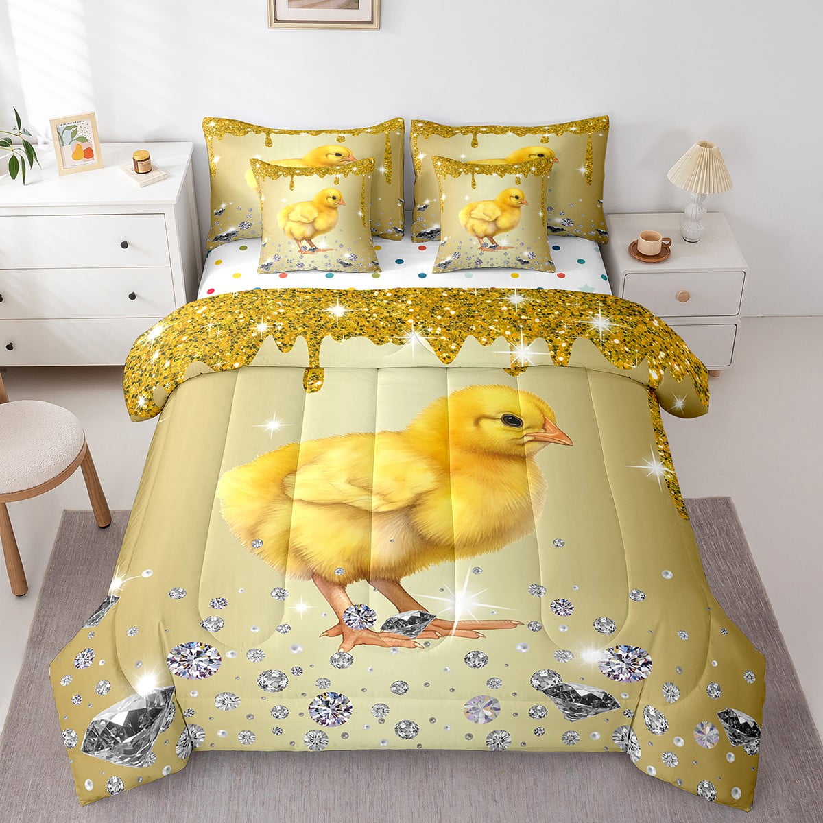 Chicken Bed in a Bag King Size Comforter Set 7 Pieces,Yellow Sequin ...