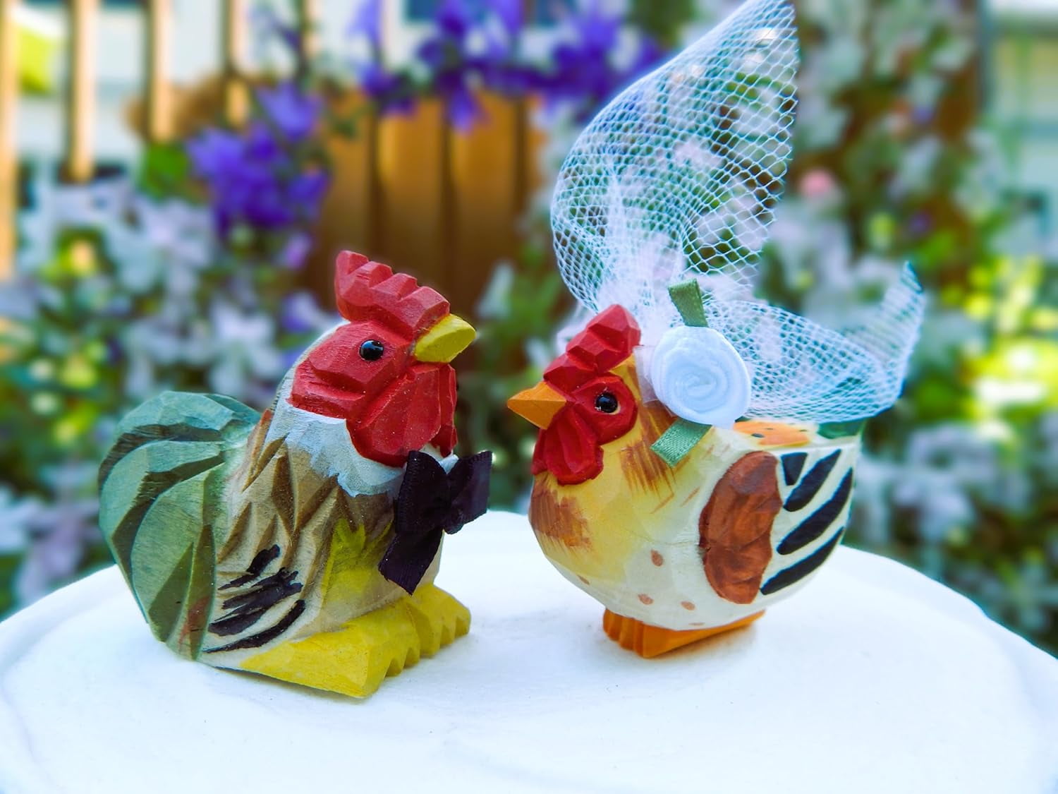 Chicken Bride & Groom Wedding Cake Toppe - Hand-Carved Rooster & Hen Love Bird Figurines. Rustic ...